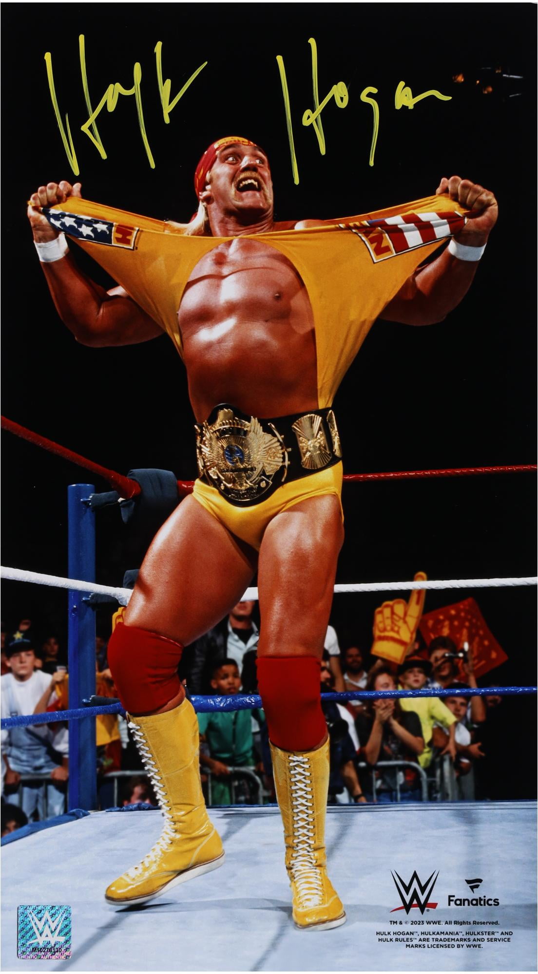 Hulk Hogan WWE Autographed 10" x 18" Vertical Ripping Shirt Photograph ...