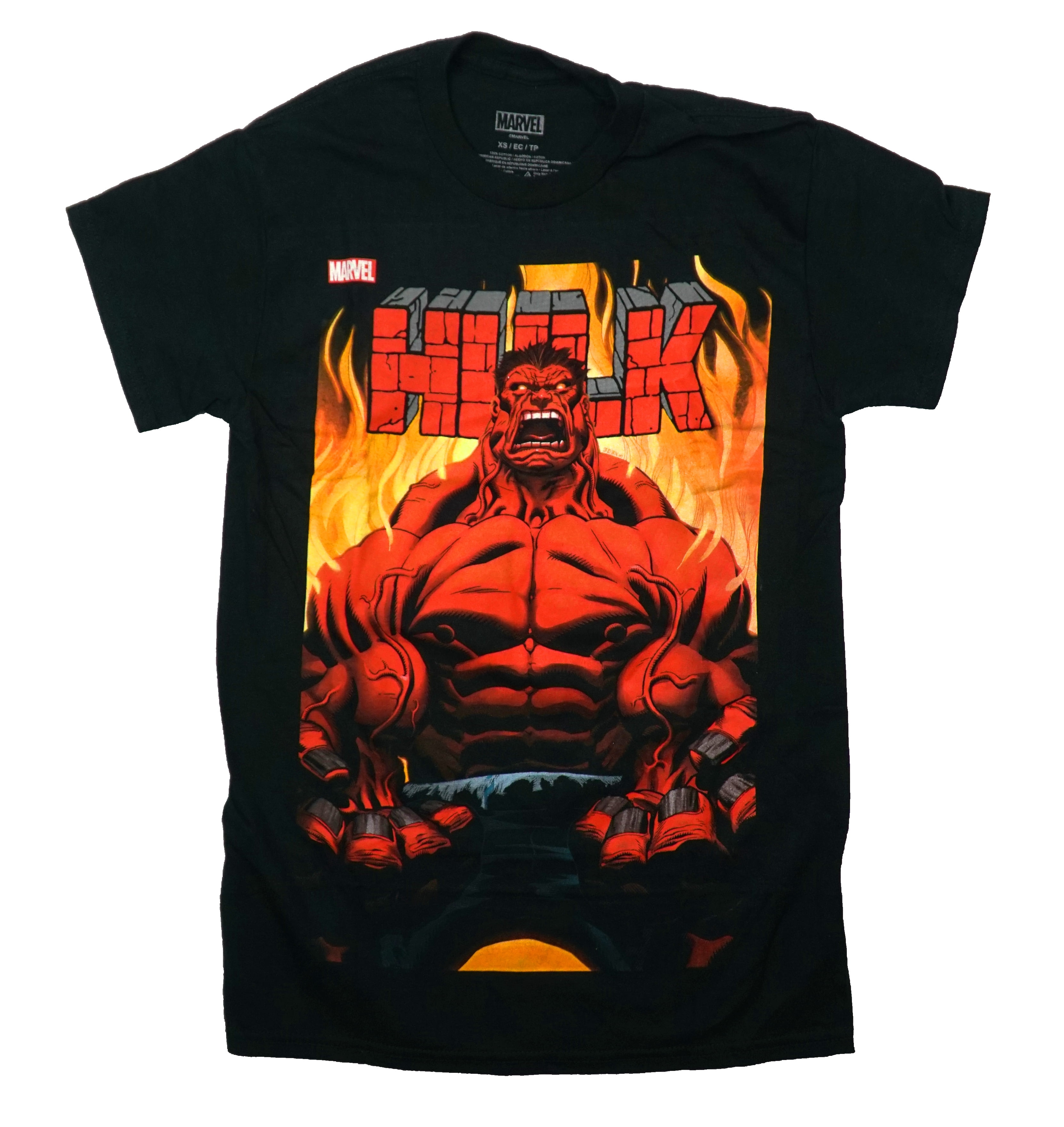 Hulk Mens T-Shirt - Marvel Fiery Flexing Red Hulk Under Name Cover ...
