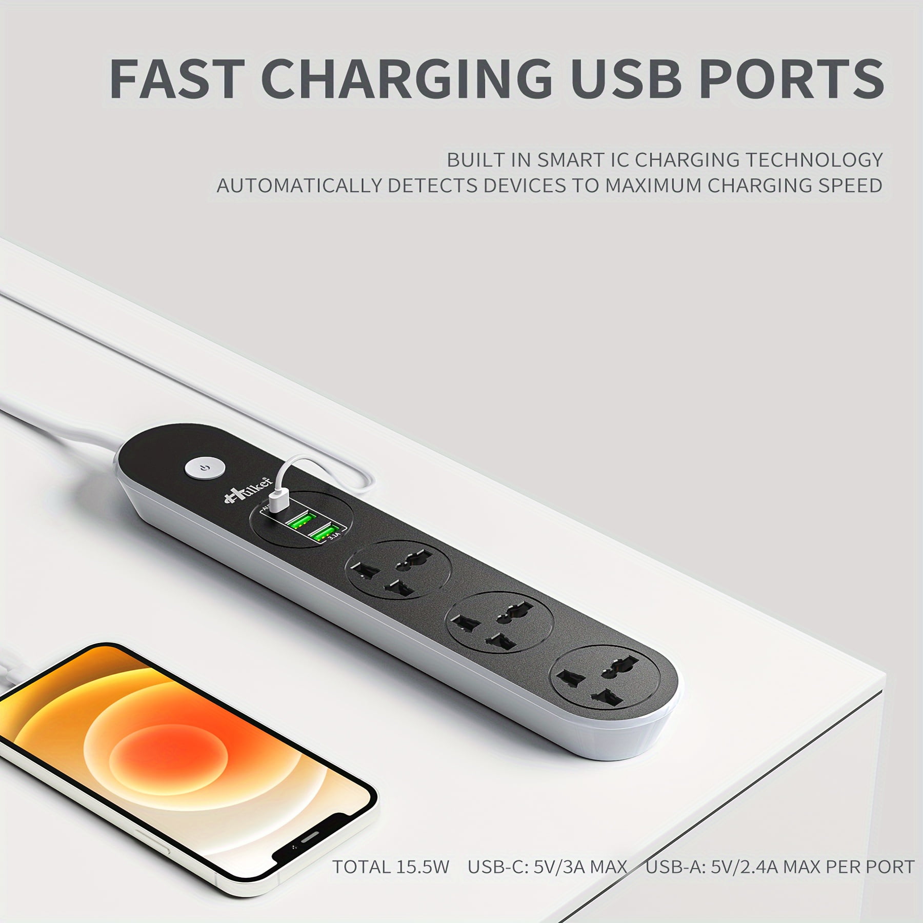 Hulker Extension Lead with USB slots 3 Way 3 USB Ports (1 Type C and 2 ...