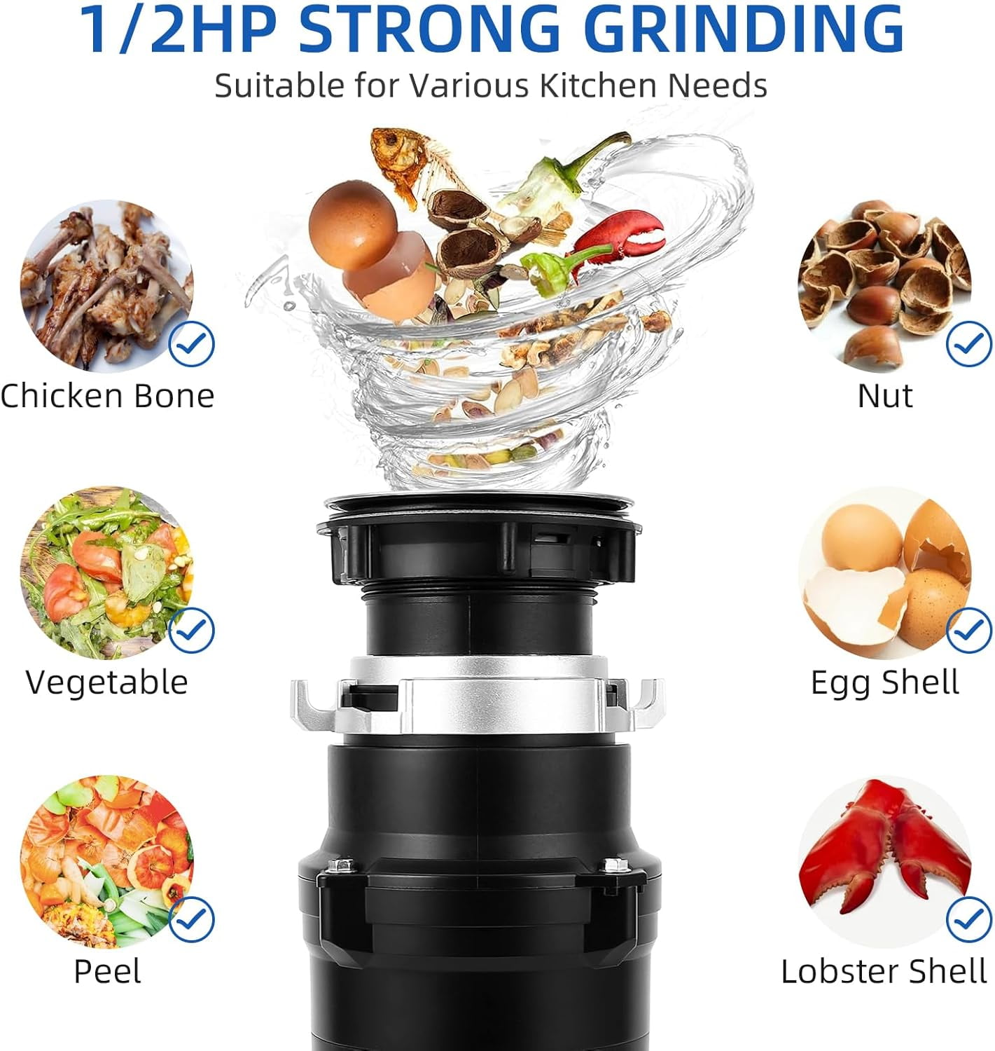 Huloretions 1/2 HP Garbage Disposer, EZ Connect Continuous Feed Food ...