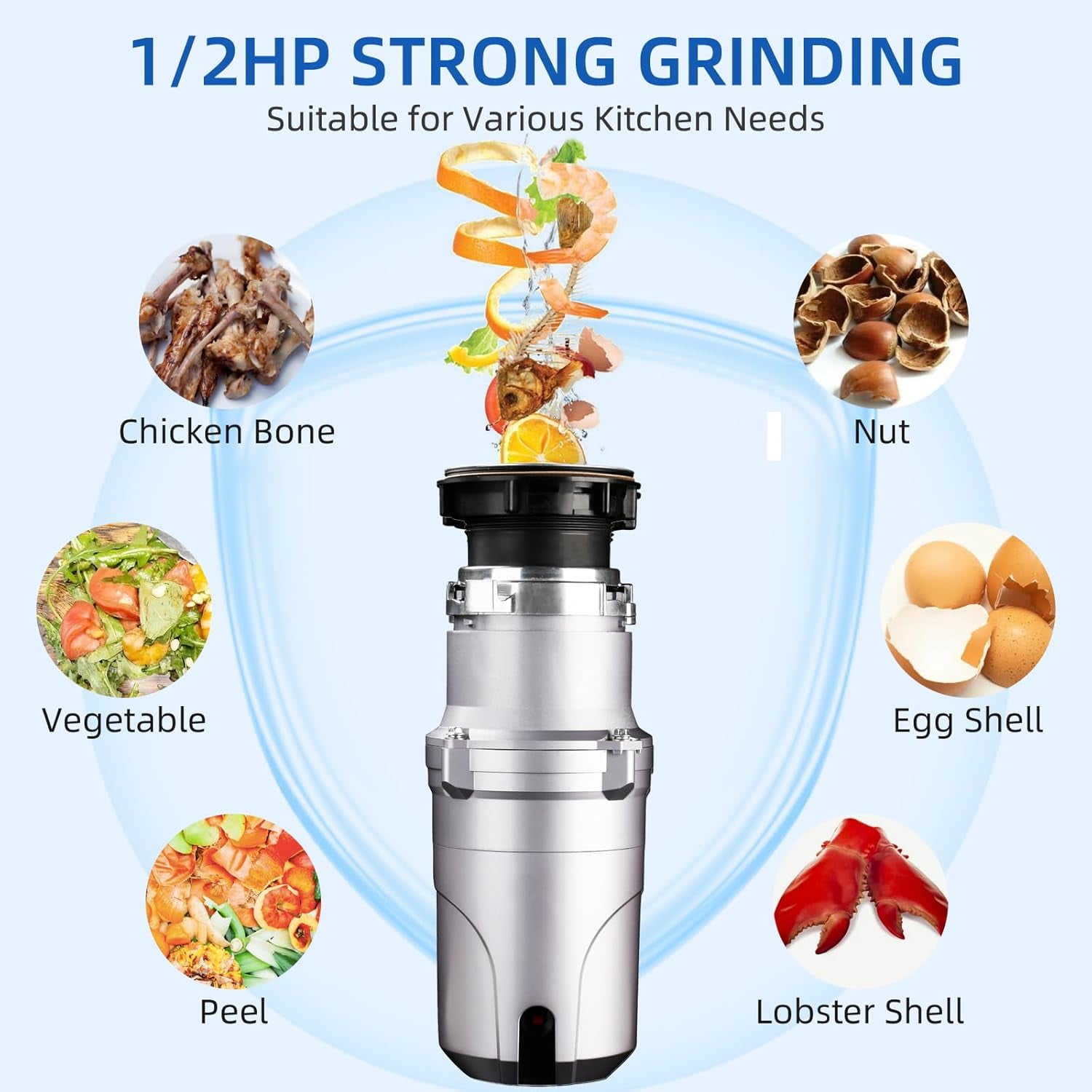 Huloretions 1/2 HP Garbage Disposer, EZ Connect Continuous Feed Food ...