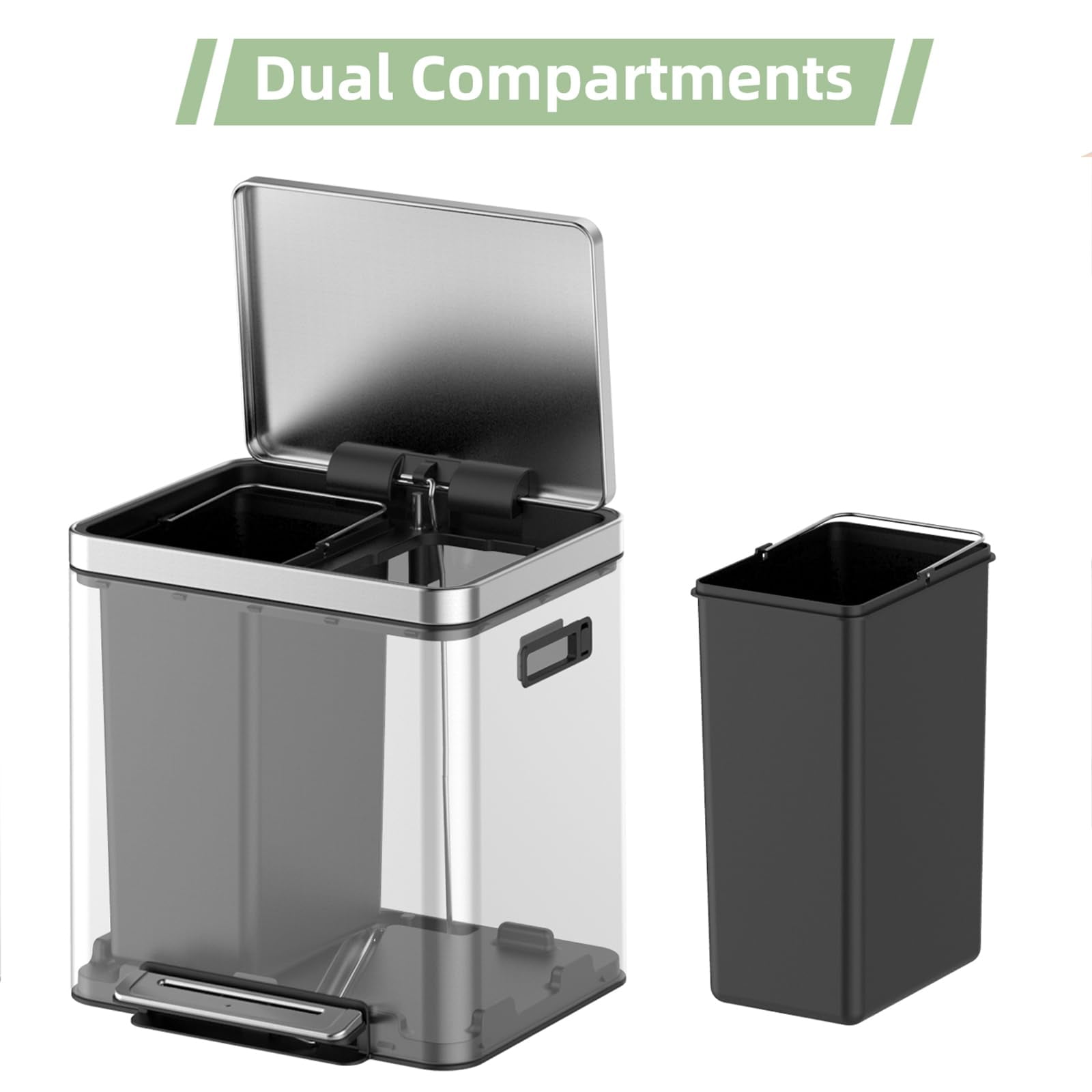 Huloretions 30L/8 Gallon Dual Trash Can, Rectangular Waste Basket with Metal Lid & Step Foot ...