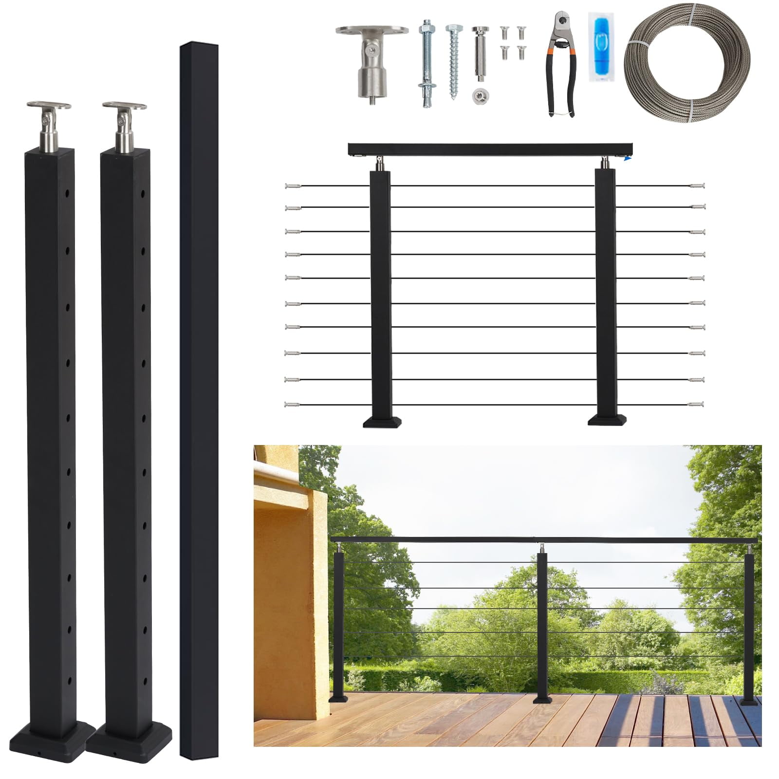 Huloretions 36" Stair Cable Railing Post Kit,151ft Wire Rope,Cable ...