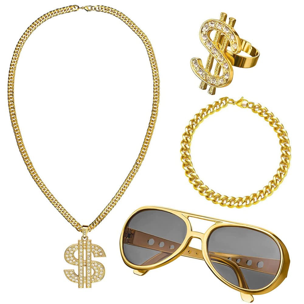 Huloretions 4 Pieces Hip Hop Costume Kit Dollar Sign Pendant Necklace ...