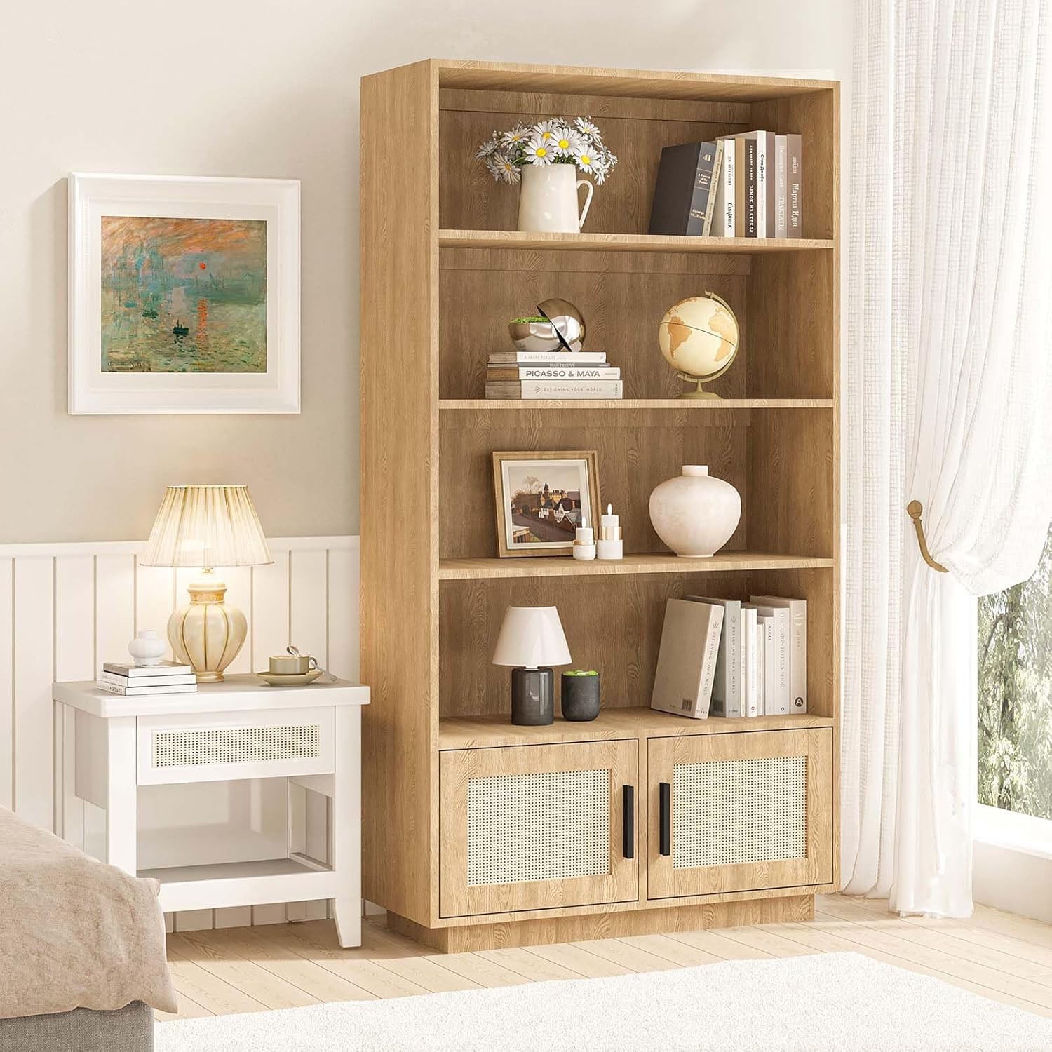 Huloretions 5 Tier Bookself, Boho Bookcase with Rattan Doors, Wooden ...