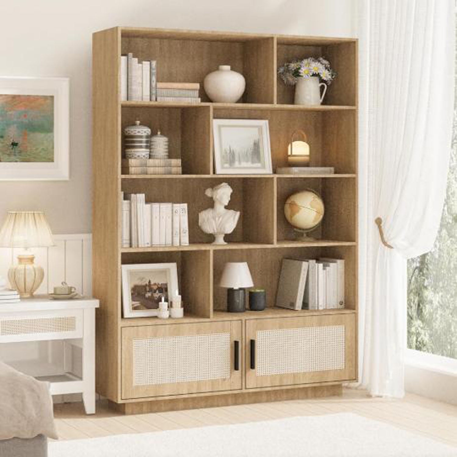 Huloretions 5 Tier Bookself, Boho Bookcase with Rattan Doors, Wooden ...