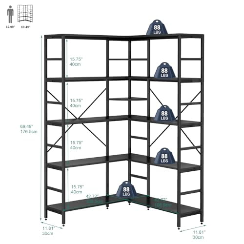 Huloretions 5 Tier Corner Bookshelf,Tall Corner Bookcase Industrial ...