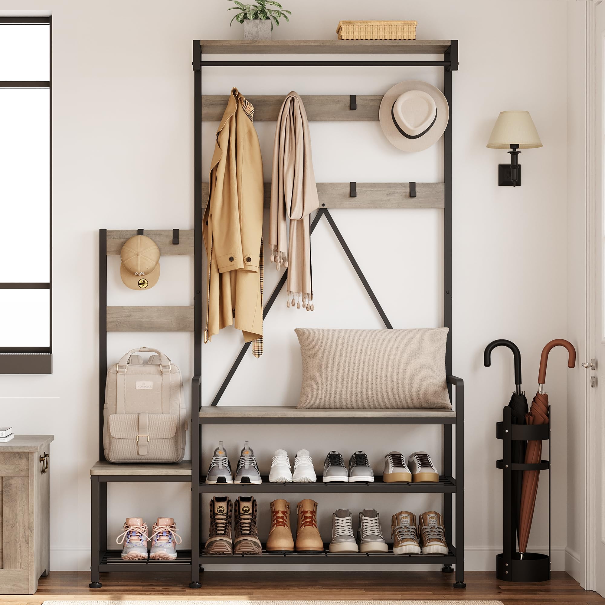 Huloretions 5-in-1 Hall Tree,Entryway Bench,Coat Rack Shoe Bench,Shoe ...