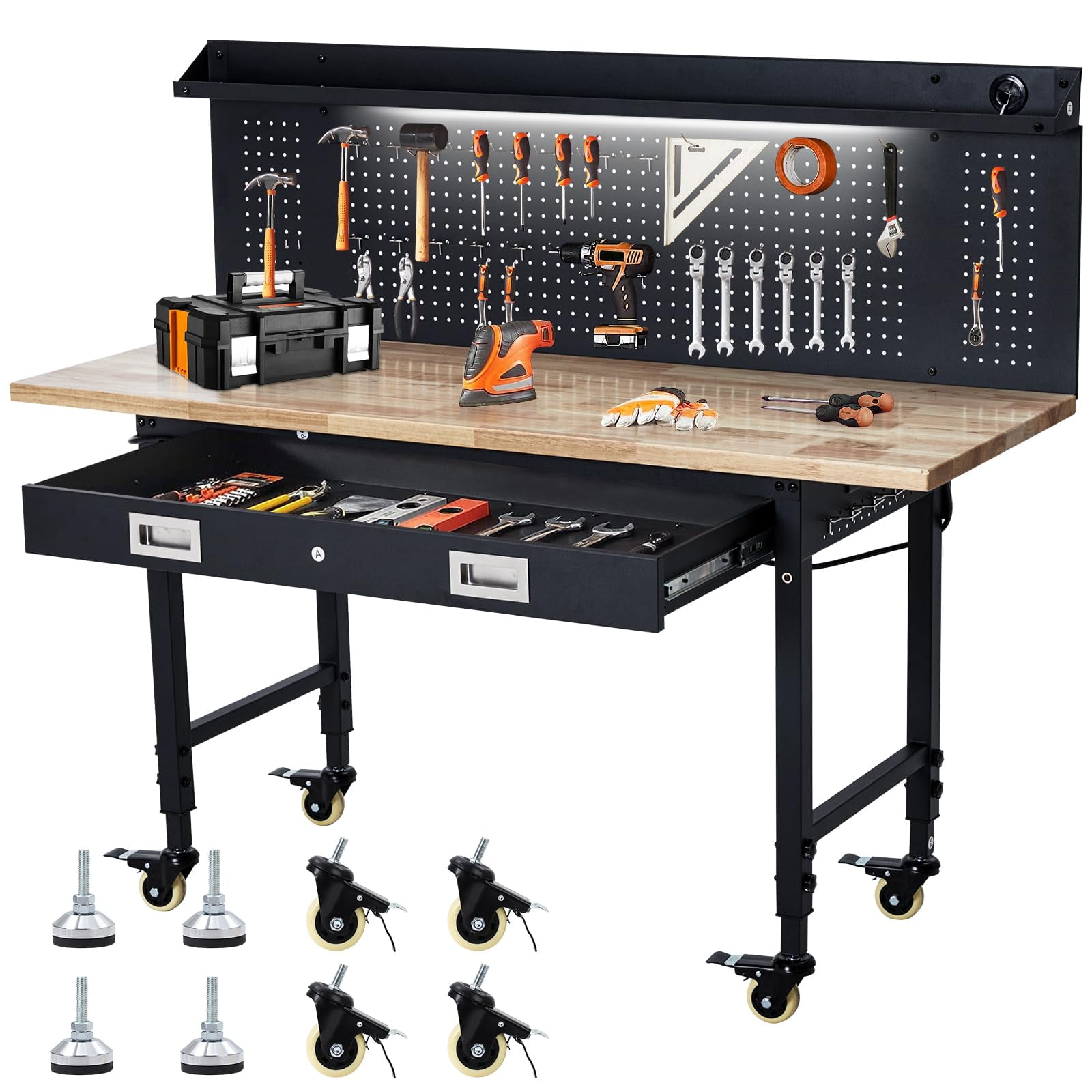 Huloretions 60" Adjustable Workbench with Drawer Storage, Rubber Wood ...