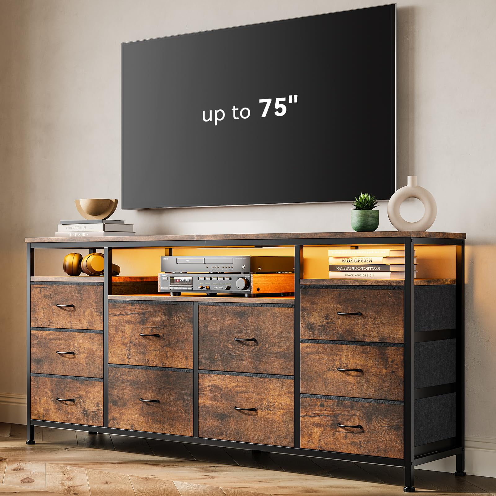 Huloretions 63 Inch TV Stand Dresser,Long Dresser with 10 Fabric ...