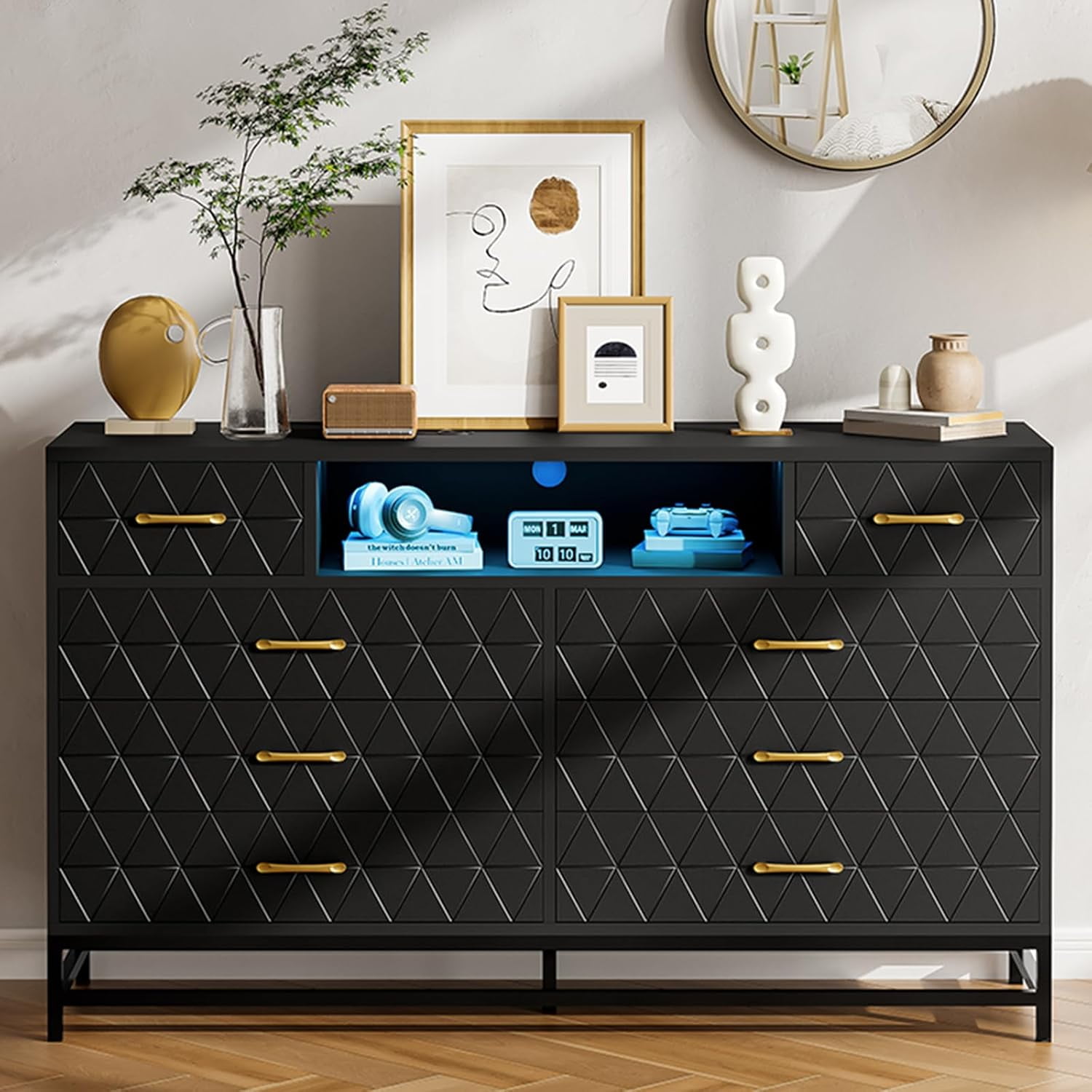Huloretions 8 Drawer Dresser for Bedroom, White Dresser with Led Light ...
