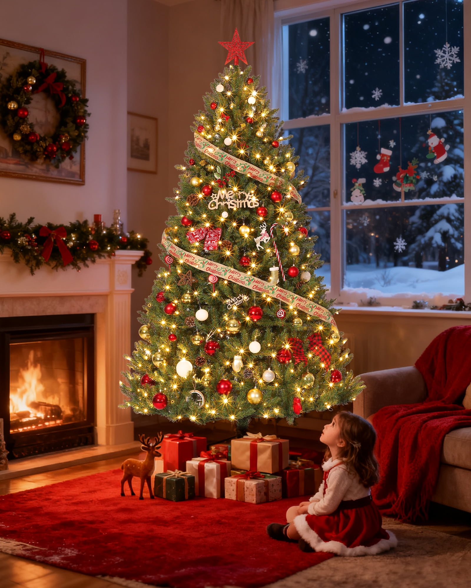 Huloretions Artificial Christmas Tree,Premium Pre-Lit Realistic Pine ...