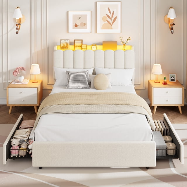 Huloretions Bed Frame with Storage Drawers,Boucle Upholstered Bed Frame ...