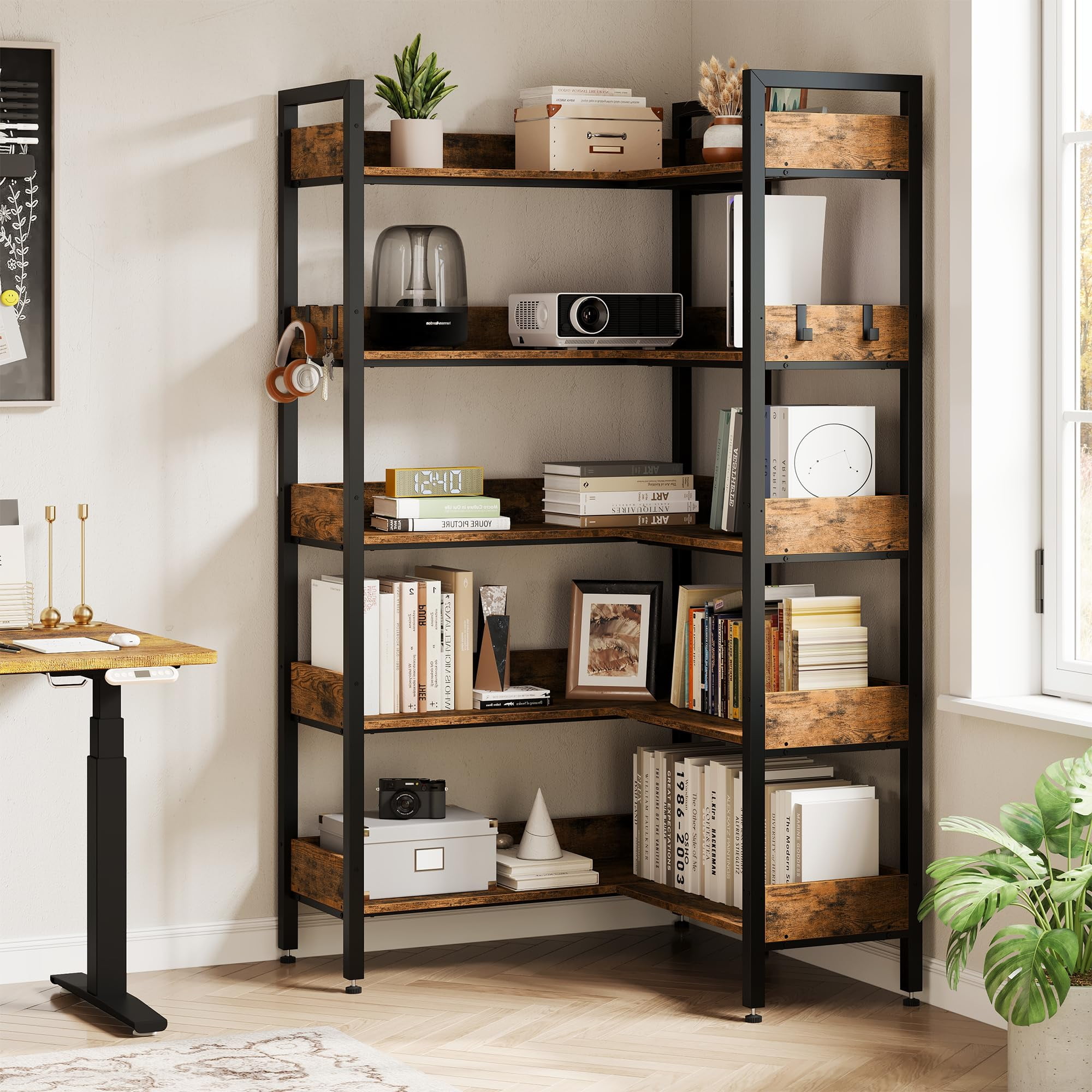 Huloretions Corner Bookshelf,5-Tier L-Shaped Bookcase,Industrial Open ...