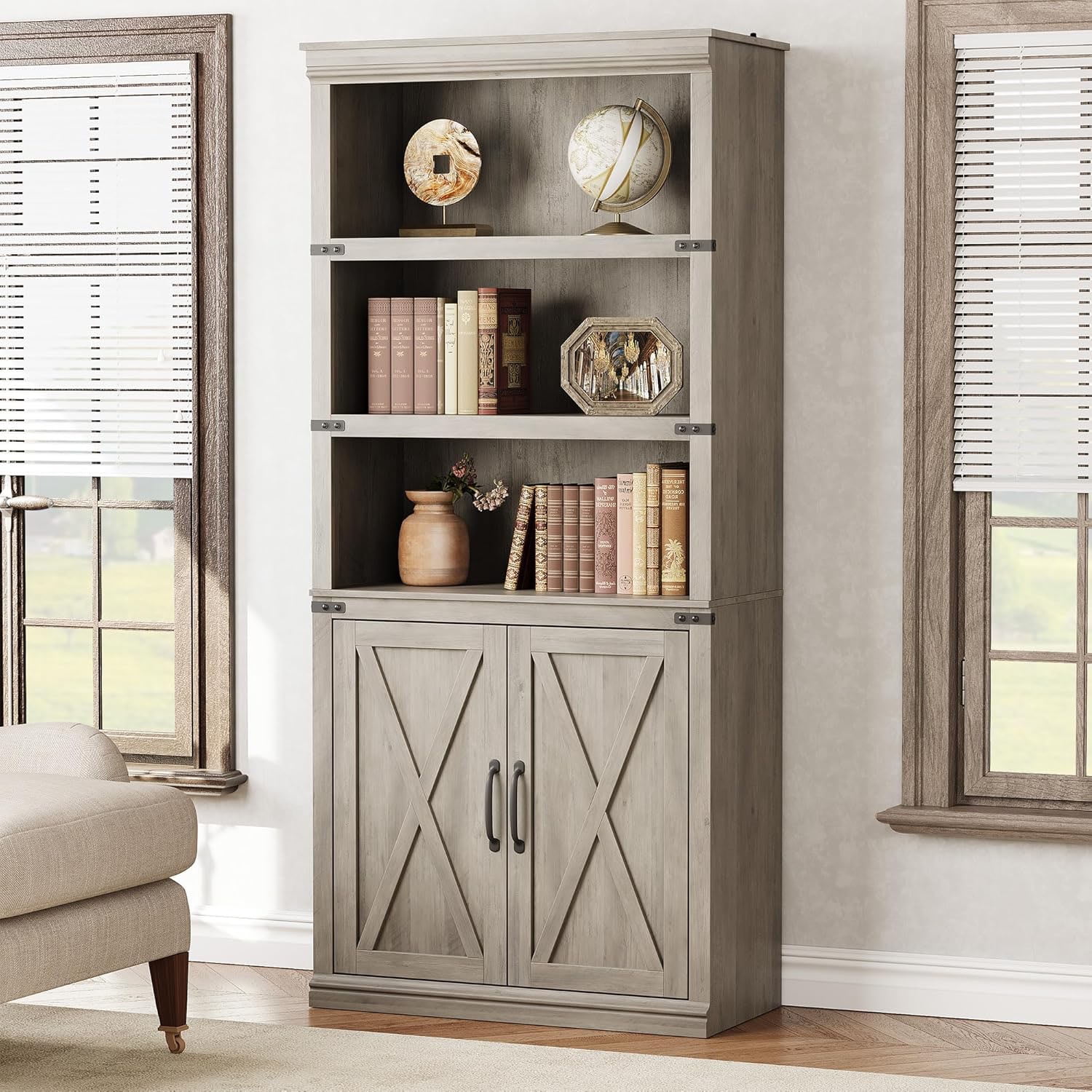 Huloretions Farmhouse Bookshelves, 5 Tier Bookshelf with Storage, 70 ...