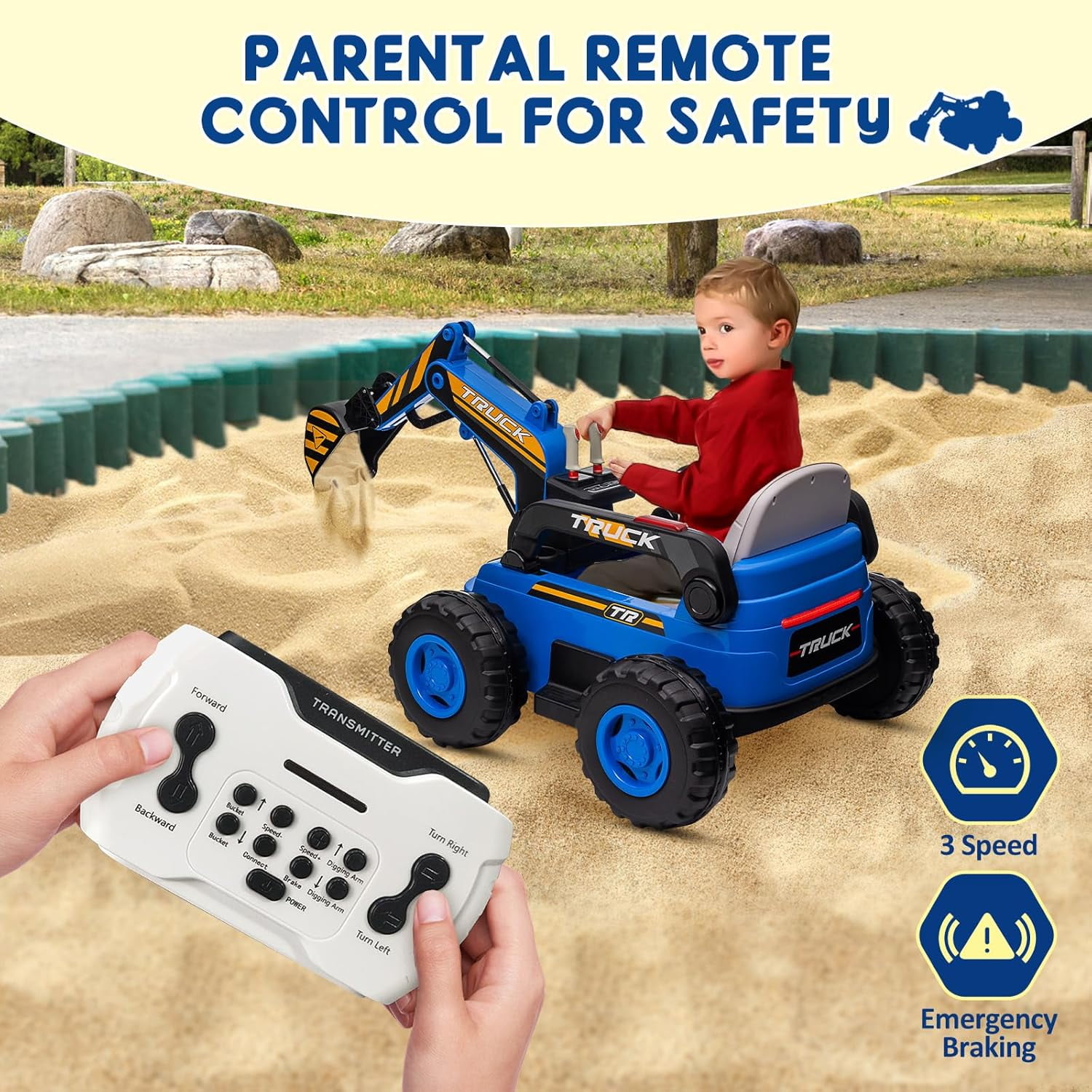 Huloretions Hetoy Ride On Excavator for Kids, 4WD Electric Excavator ...
