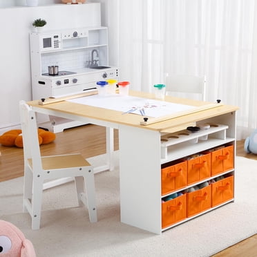 Arlopu Wooden Kids Art & Play Table Set with 2 Chairs, Desk, Storage ...