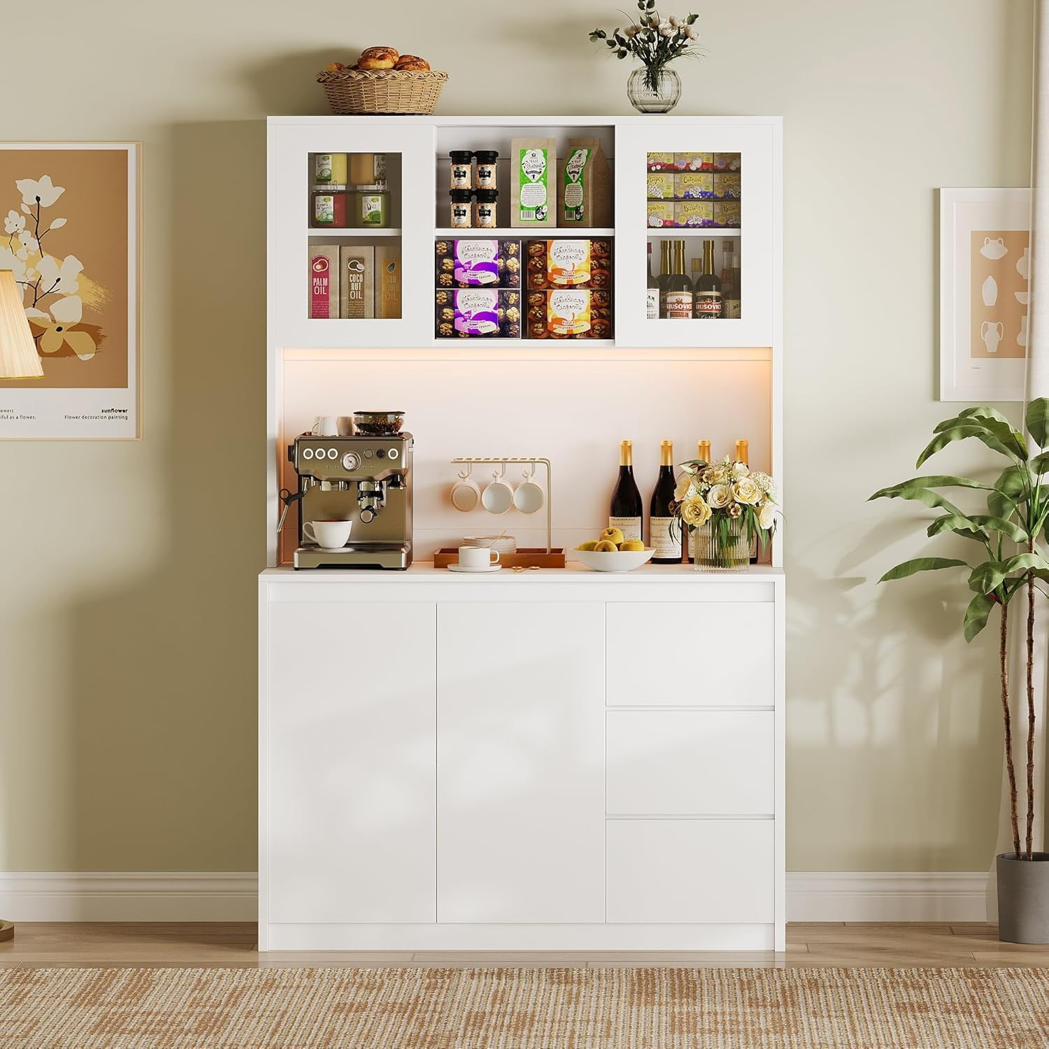 Huloretions Kitchen Pantry Cabinet with Led Lights and Charging Station ...
