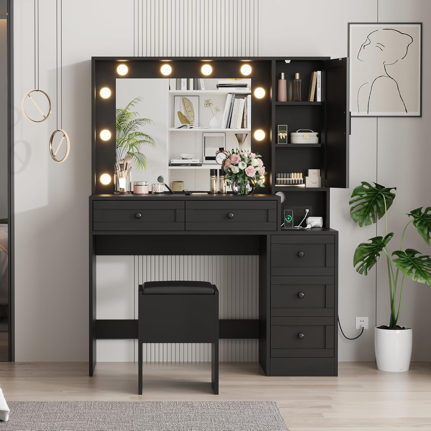 Huloretions Makeup Vanity Desk and Stool, Vanity Desk with Lights in 3 ...