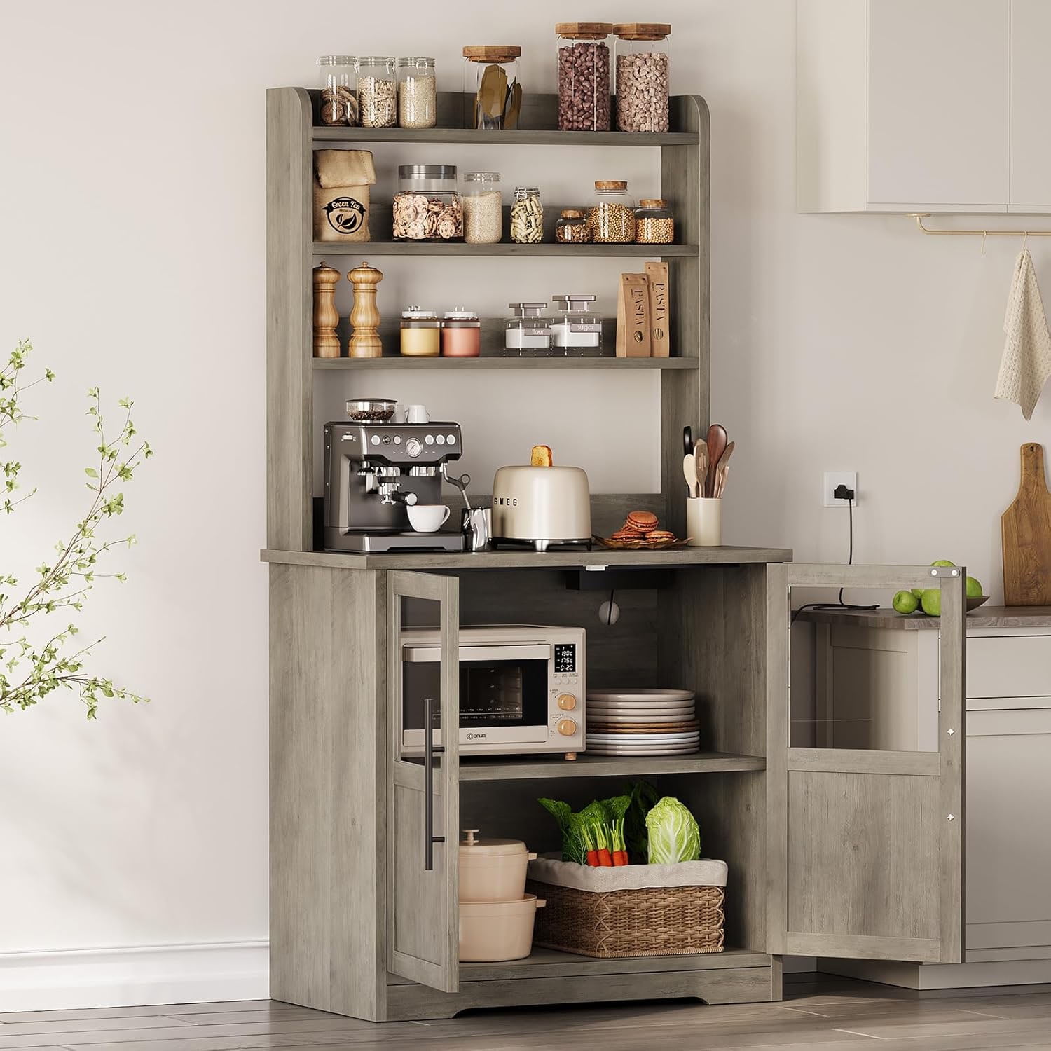 Huloretions Microwave Stand Bakers Rack with 2 Glass Doors, Farmhouse ...