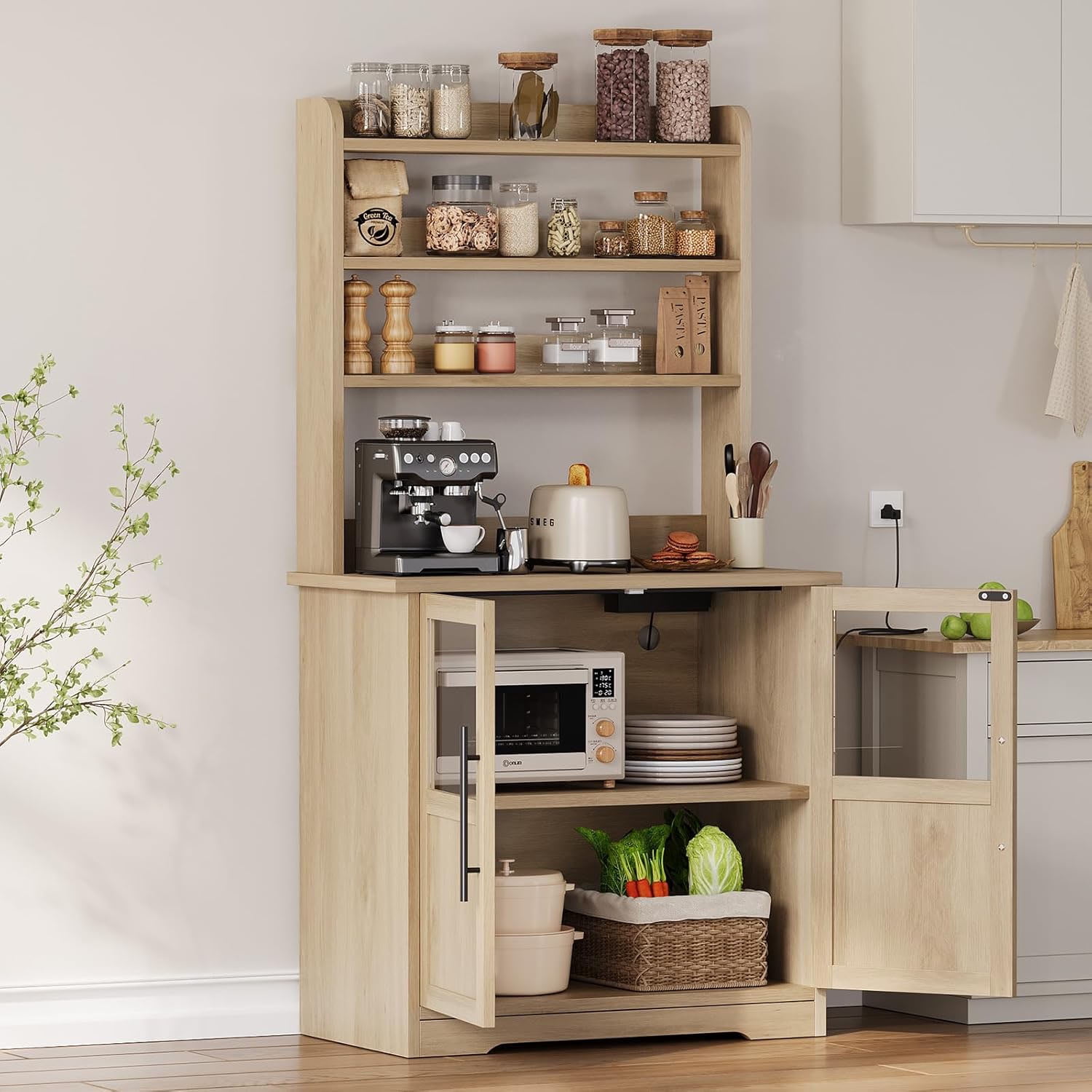 Huloretions Microwave Stand Bakers Rack with 2 Glass Doors, Farmhouse ...