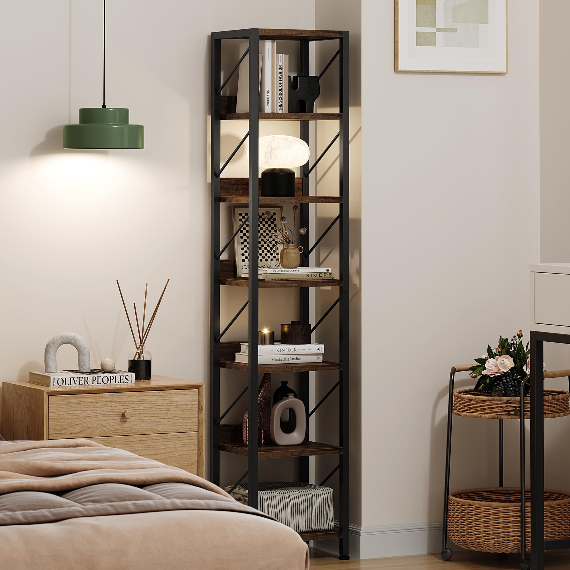 Huloretions Narrow Bookshelf Skinny Bookcase Tall Storage Rack Shelf 6 ...