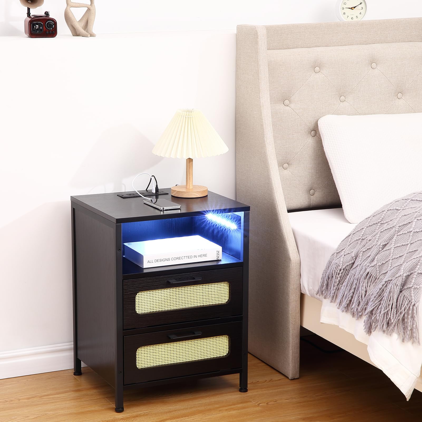 Huloretions Nightstand with Charging Station and LED Light, End Table ...