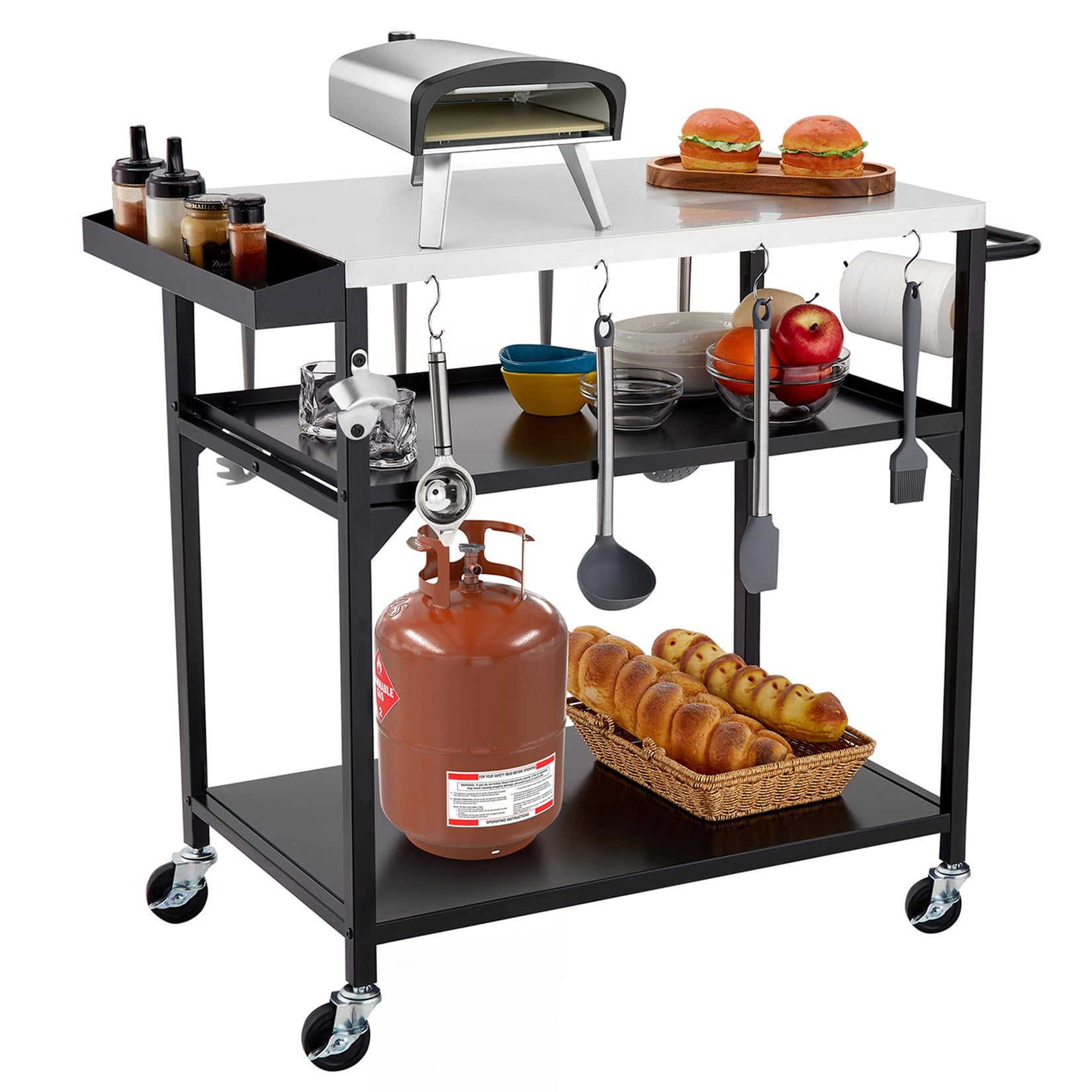 Huloretions Outdoor Grill Table Cart with 4 Wheels, Stainless Steel ...