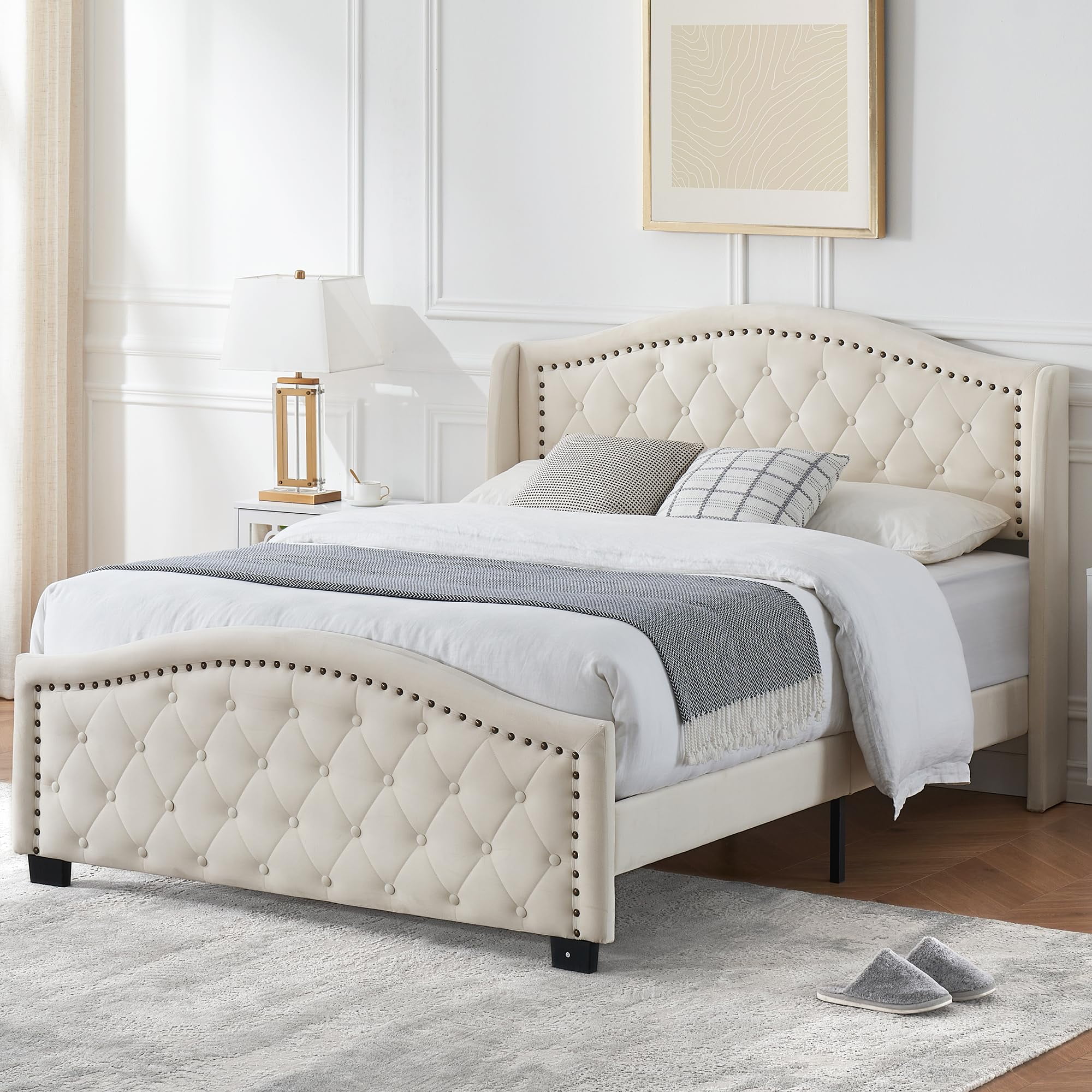 Huloretions Queen Size Platform Bed Frame With Tall Headboard,Velvet ...