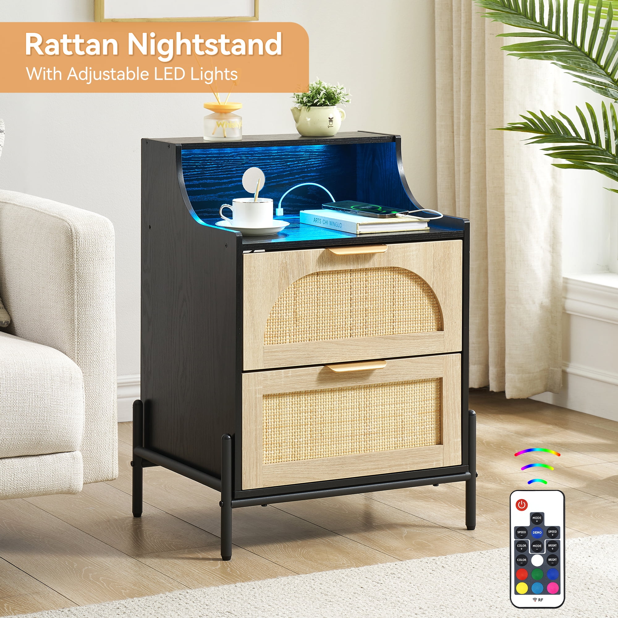 Huloretions Rattan Nightstand, Nightstand with Charging Station with ...