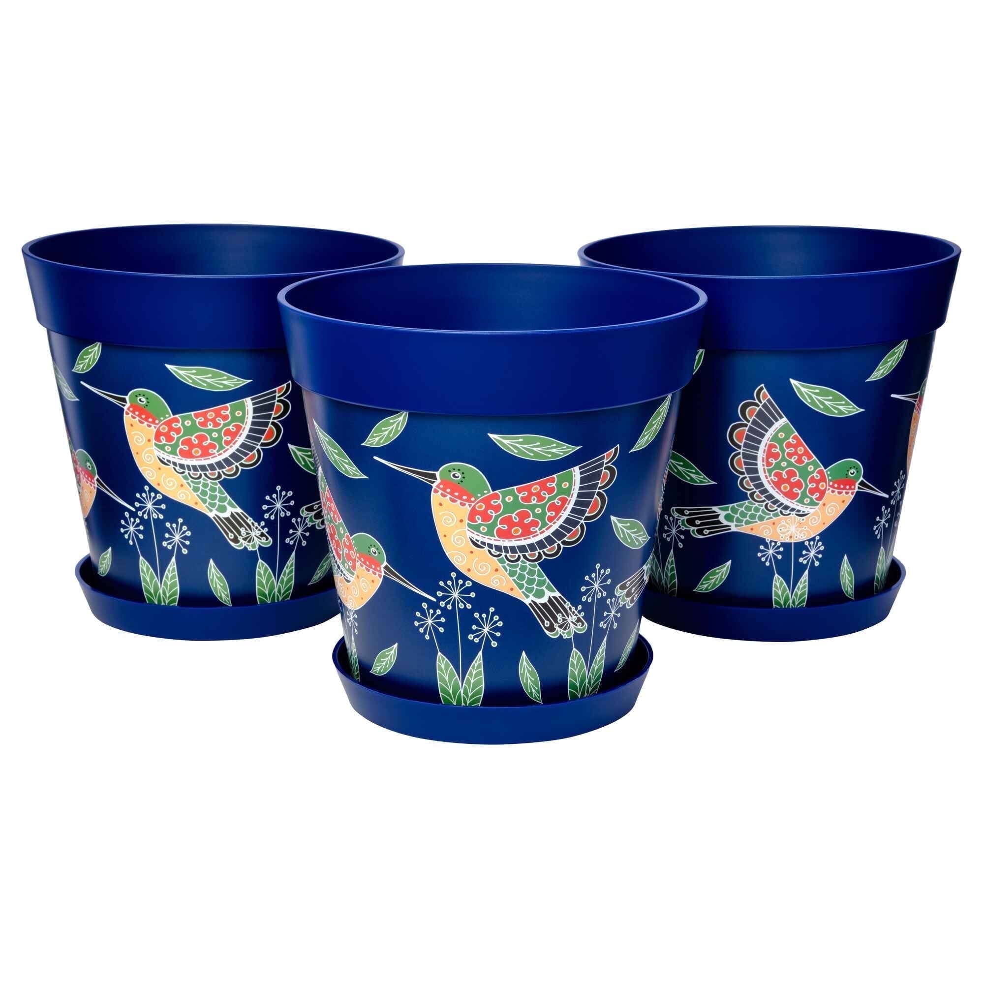 Hum Flowerpots, 3 Plastic, 10 inch Plant Pots with 3 Saucers, Blue ...