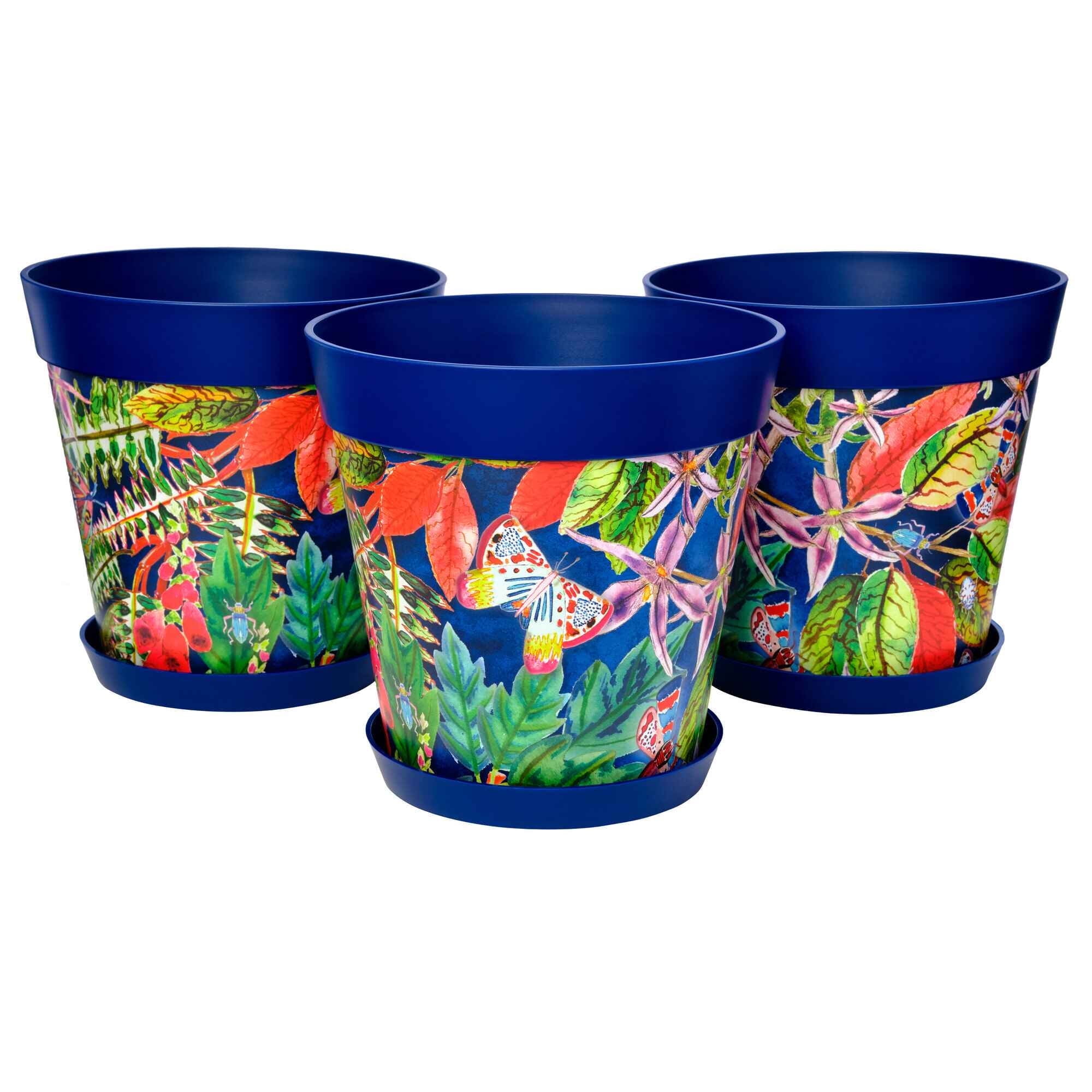 Hum Flowerpots, 3 Plastic, 10 inch Plant Pots with 3 Saucers, Blue ...