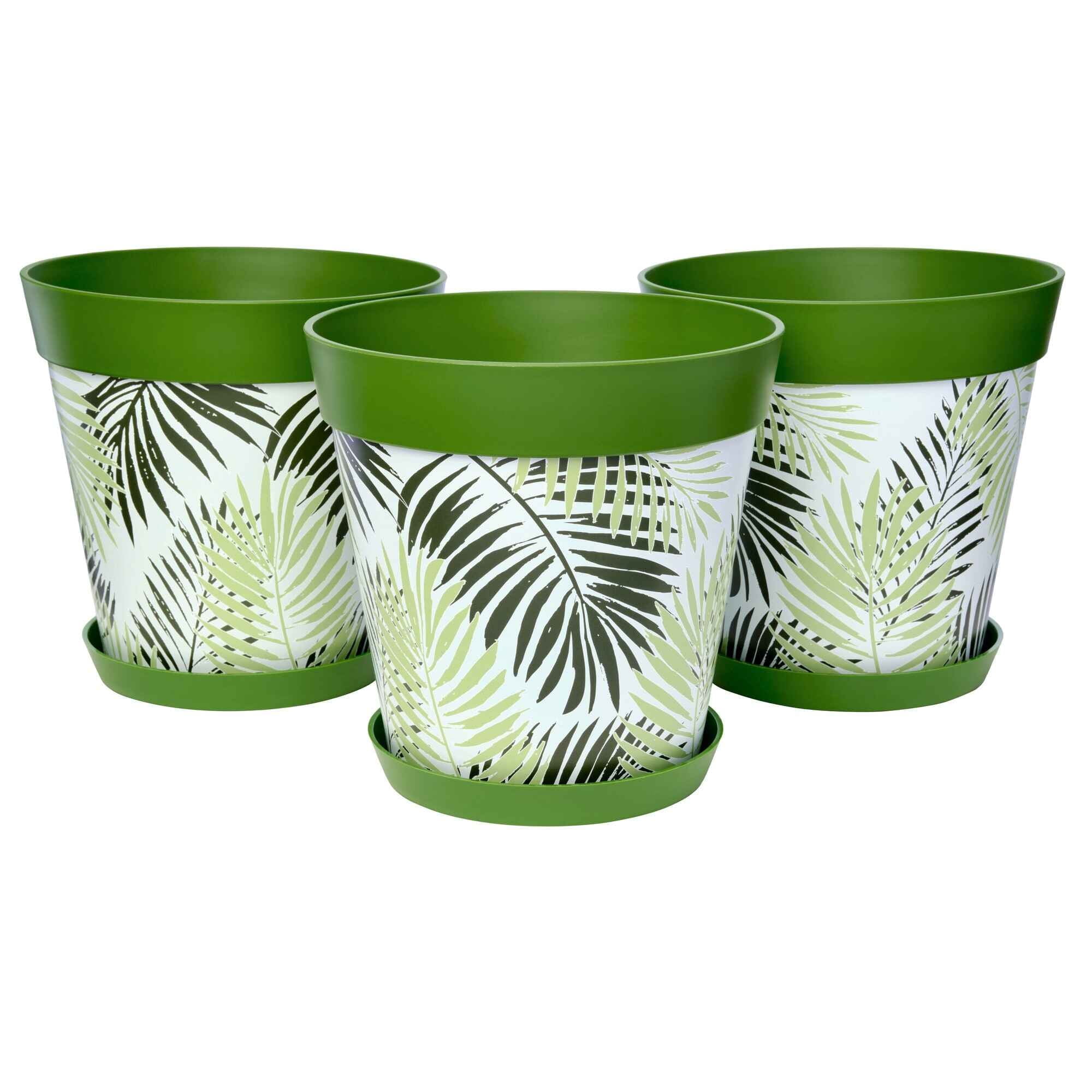 Hum Flowerpots, 3 Plastic, 10 inch Plant Pots with 3 Saucers, Green ...
