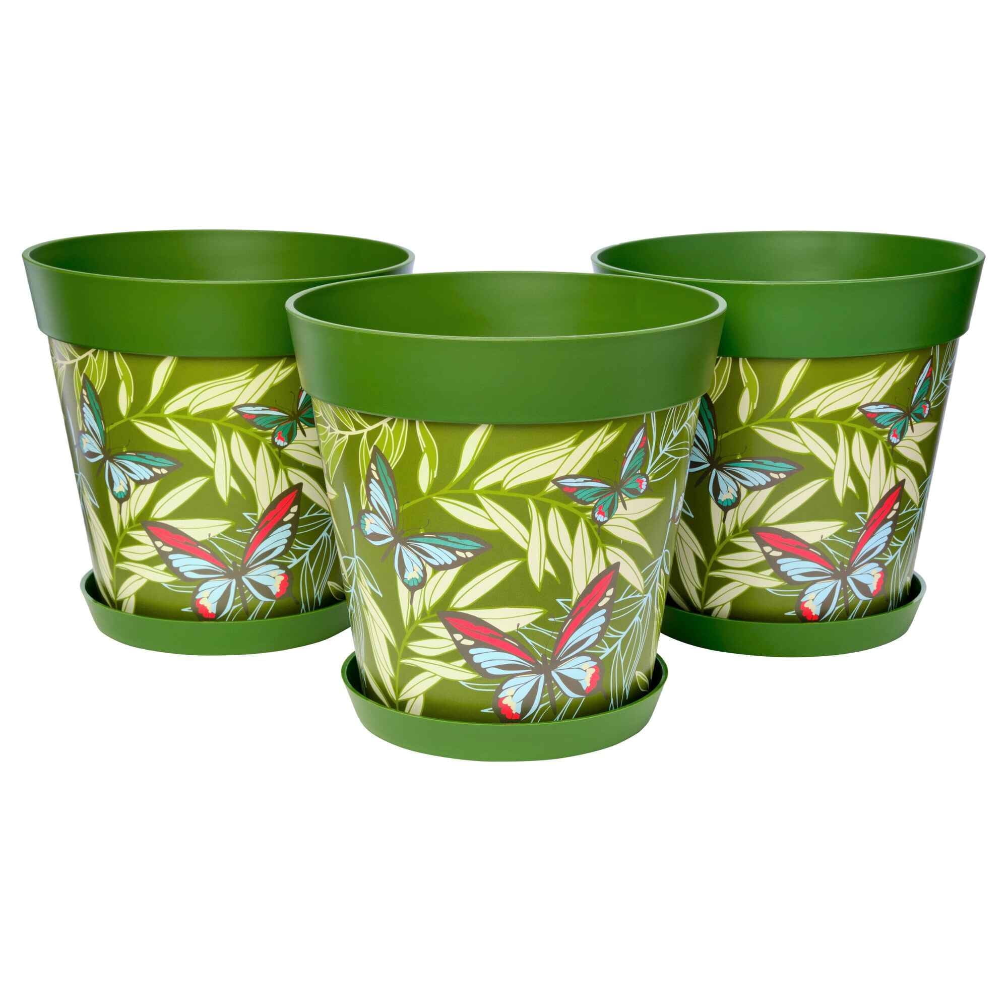 Hum Flowerpots, 3 Plastic, 10 inch Plant Pots with 3 Saucers, Green ...