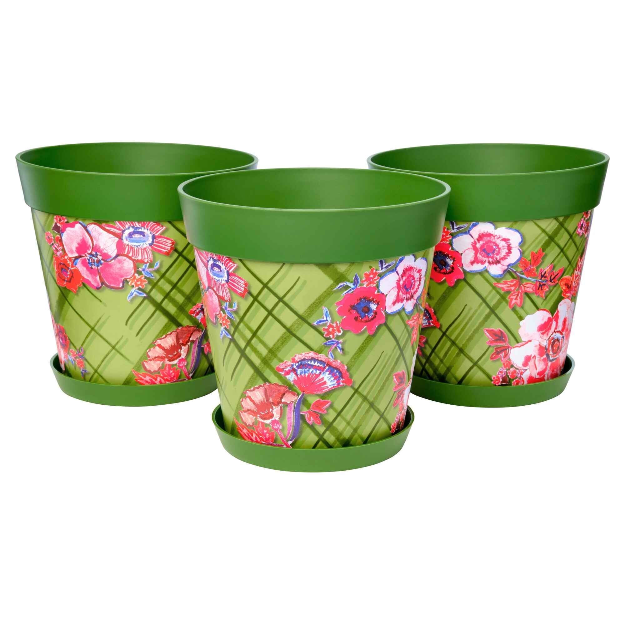 Hum Flowerpots, 3 Plastic, 10 inch Plant Pots with 3 Saucers, Green ...