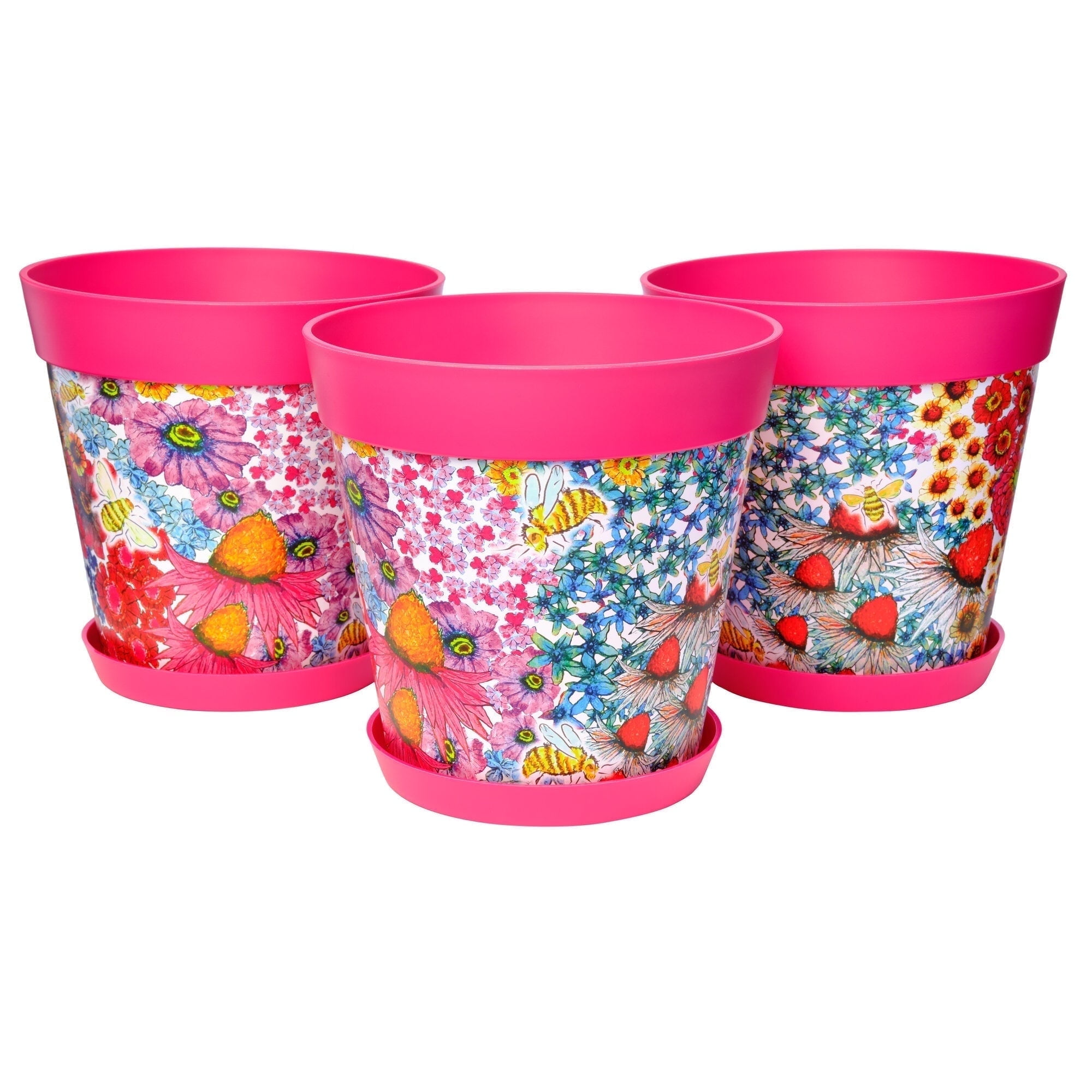Hum Flowerpots, 3 Plastic, 10 inch Plant Pots with 3 Saucers, Pink ...
