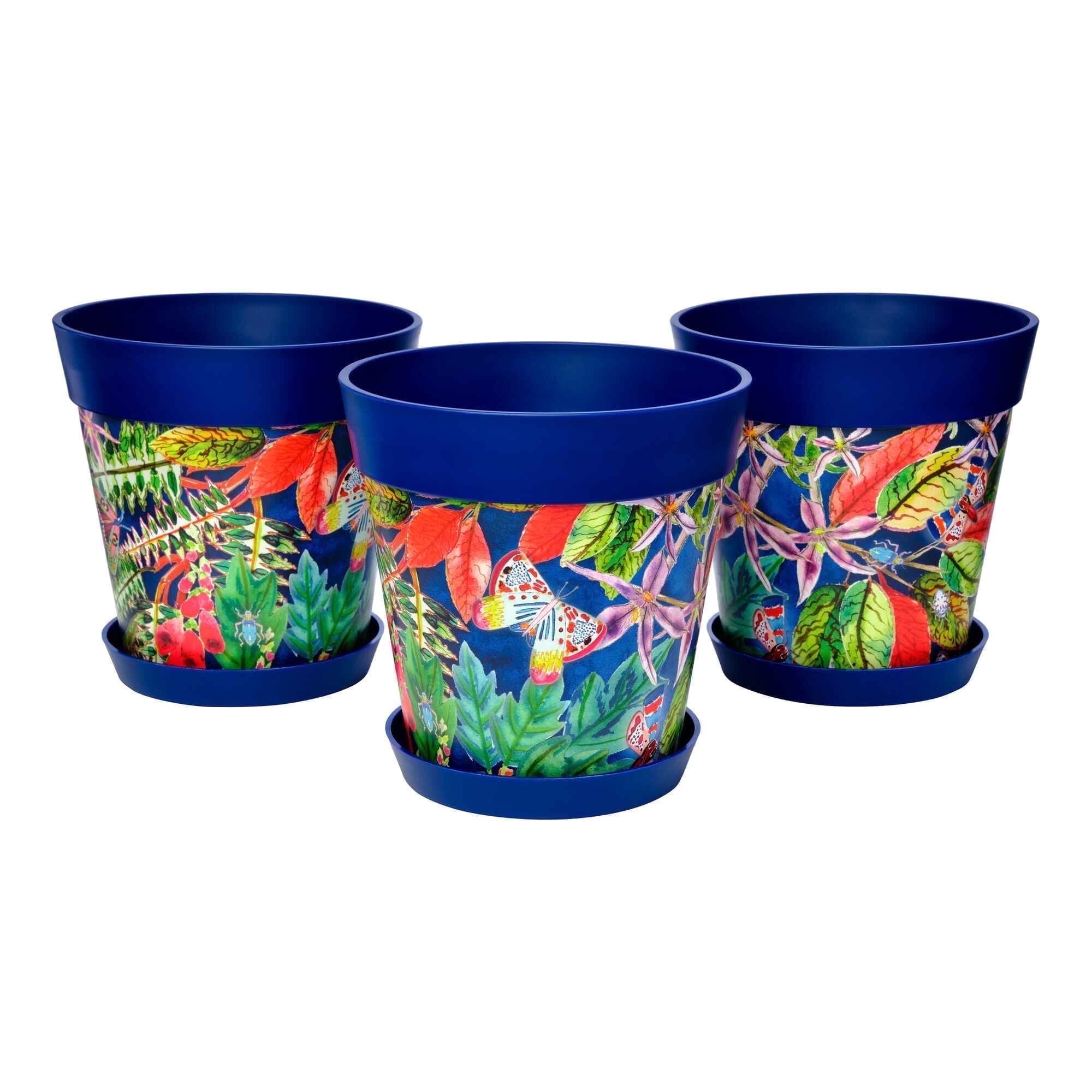Hum Flowerpots, 3 Plastic, 8.5 inch Plant Pots with 3 Saucers, Blue ...