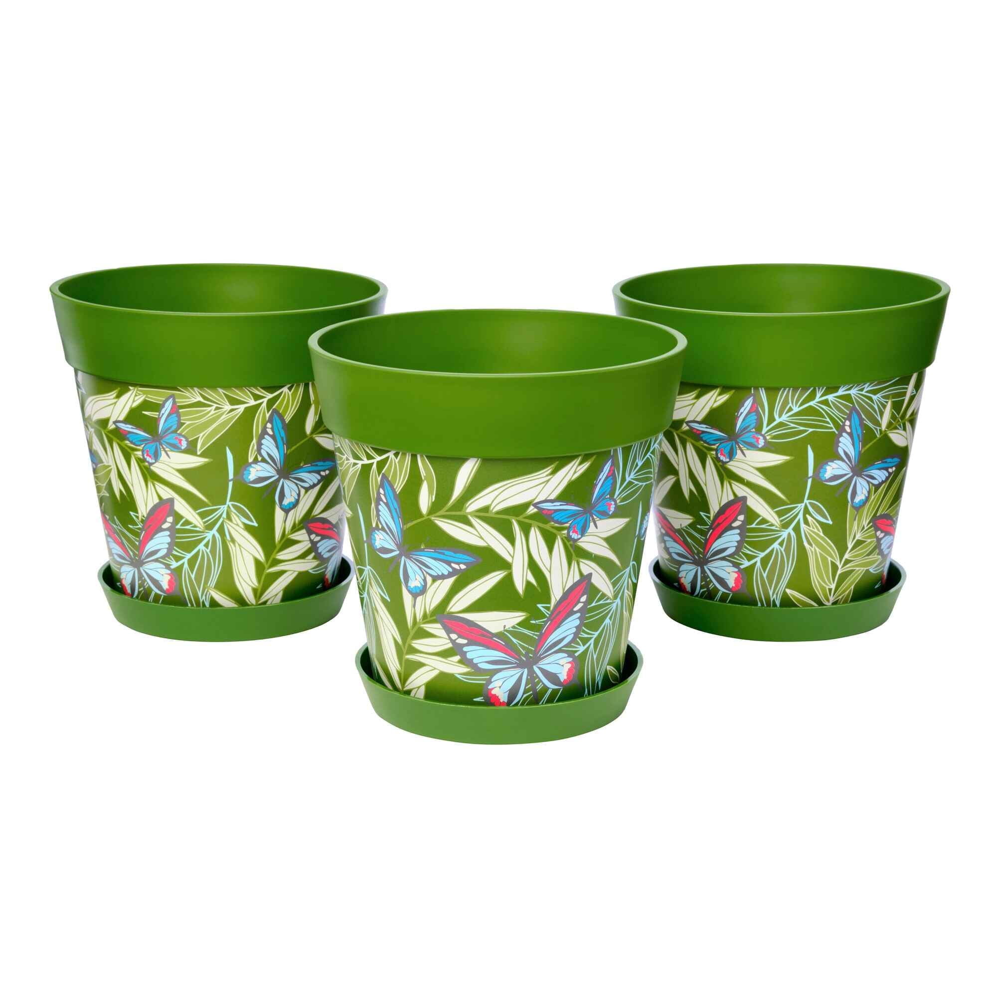 Hum Flowerpots, 3 Plastic, 8.5 inch Plant Pots with 3 Saucers, Green ...