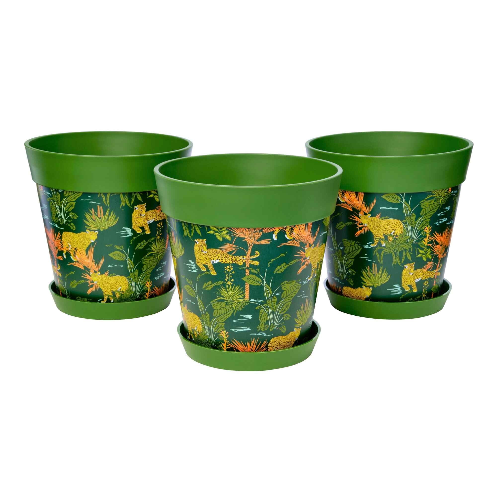 Hum Flowerpots, 3 Plastic, 8.5 inch Plant Pots with 3 Saucers, Jungle ...