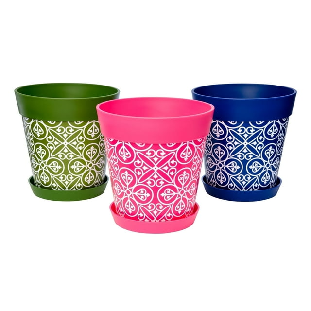 Hum Flowerpots, 3 Plastic, 8.5 inch Plant Pots with 3 Saucers, Multi ...