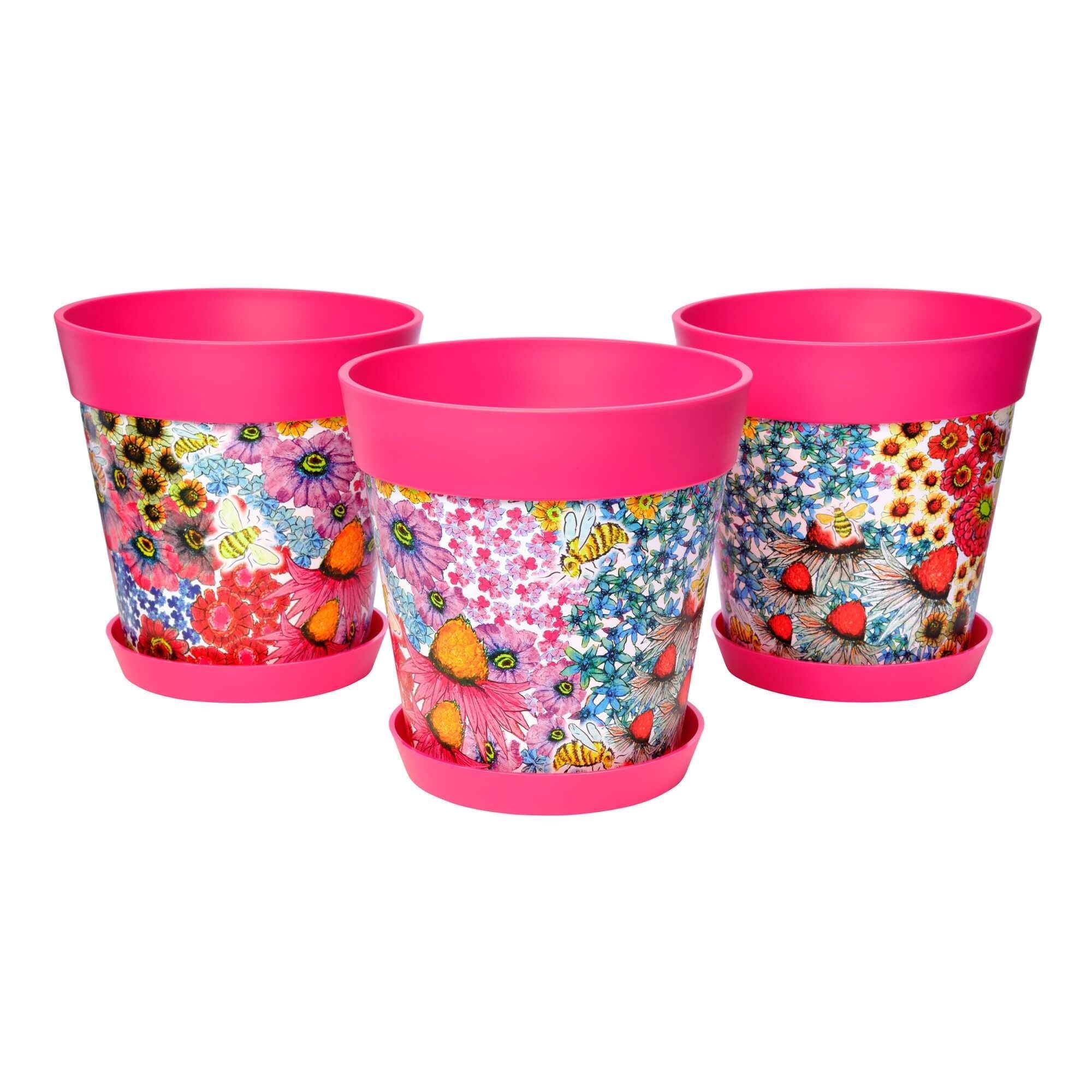 Hum Flowerpots, 3 Plastic, 8.5 inch Plant Pots with 3 Saucers, Pink ...