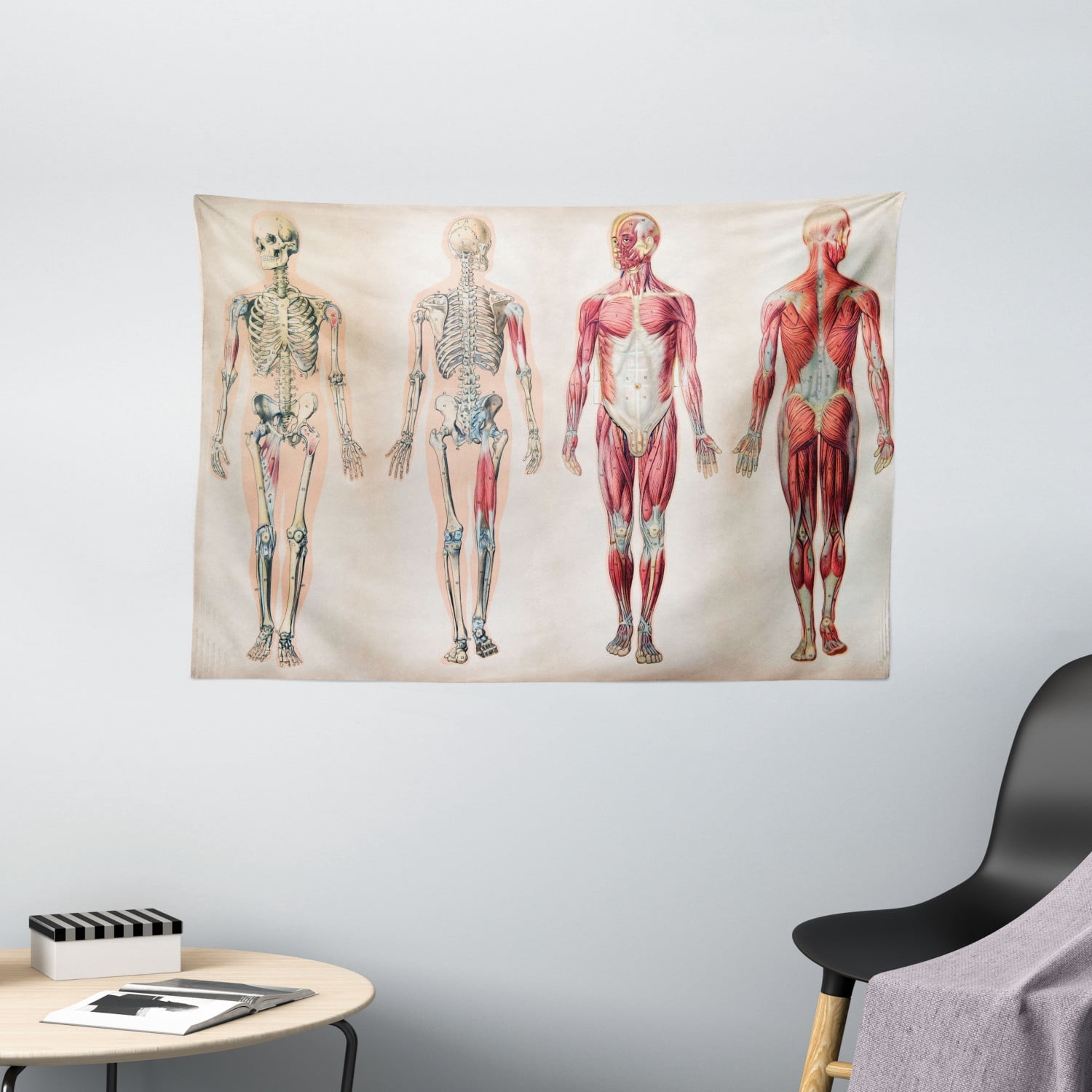 Human Anatomy Tapestry, Vintage Chart of Body Front Back Skeleton and ...