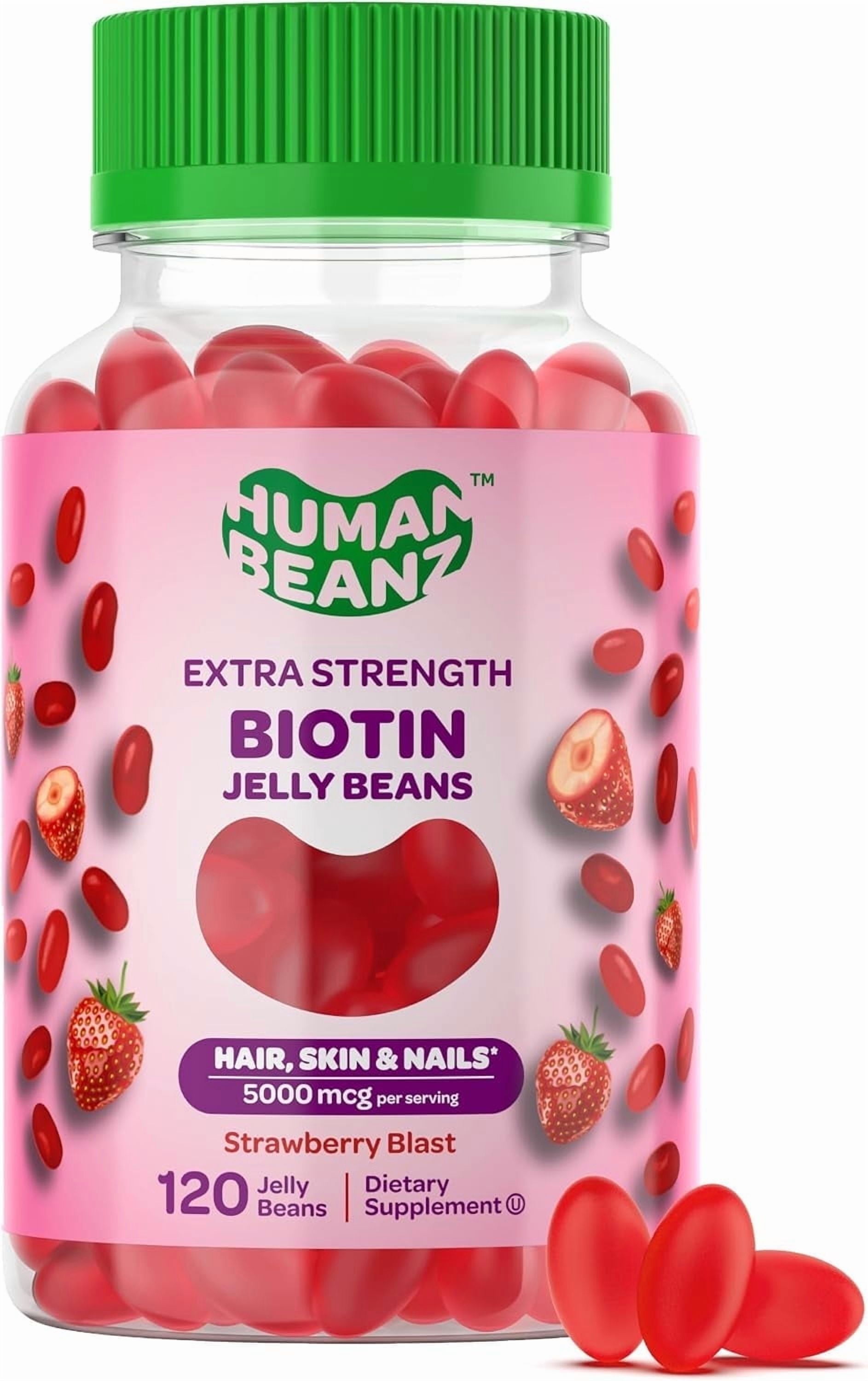 Human Beanz Biotin Jelly Beans 5000mcg, 120 Strawberry Gummies ...
