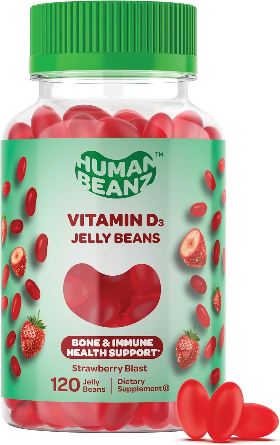 Human Beanz Jelly Bean Vitamin D3 Gummies, 2000 IU, Strawberry Blast ...