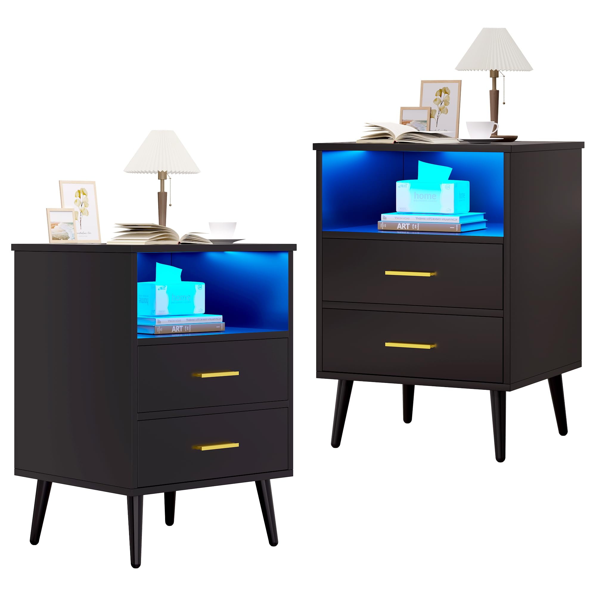 Human Body Induction Nightstand Set of 2, LED Bedside Table with USB ...