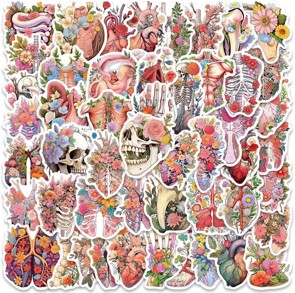 Human Body Organs Floral Stickers - 50Pcs Waterproof Vinyl Anatomy ...
