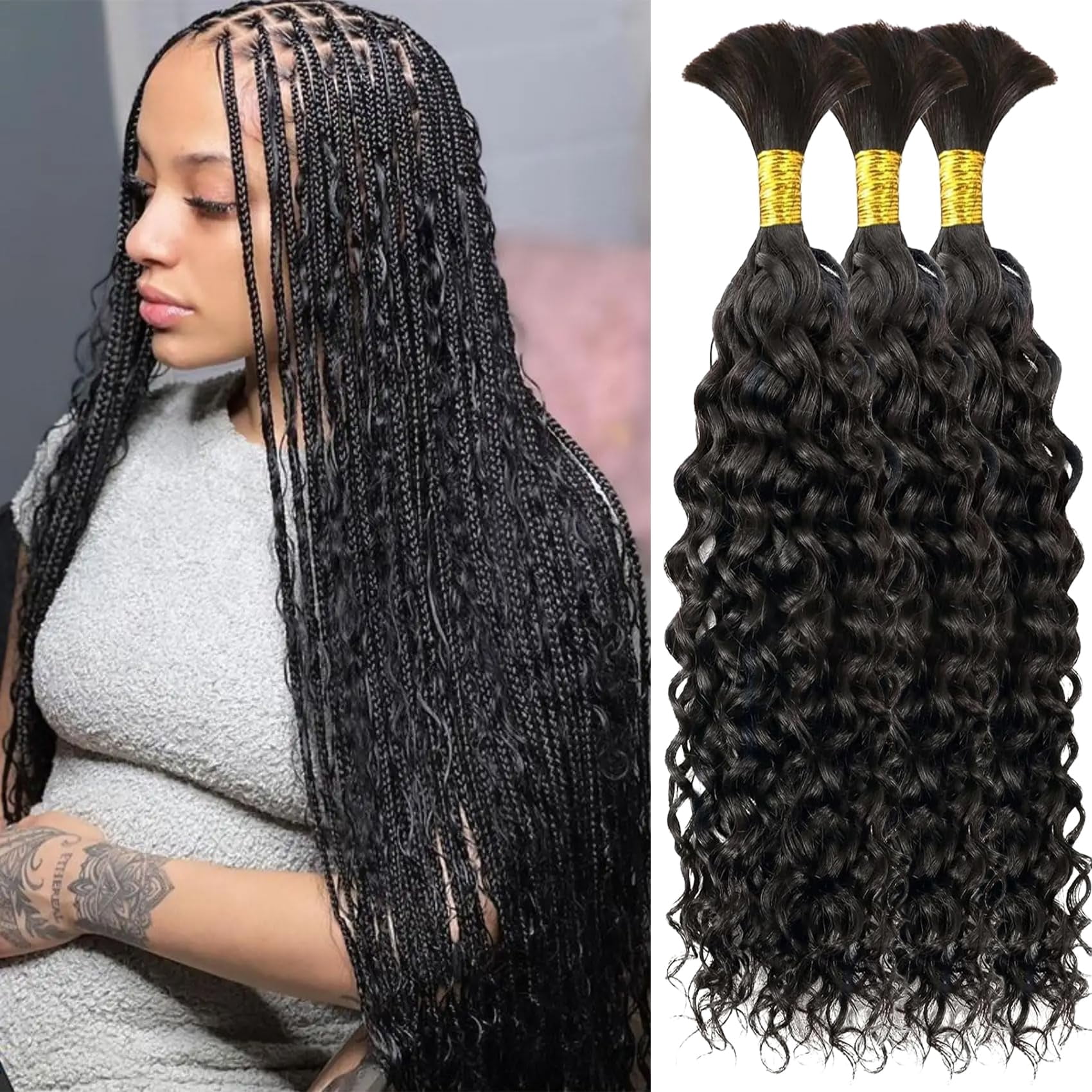 Human Braiding Hair, 3 Bundles 150g Water Wave Bulk Boho Hair for ...