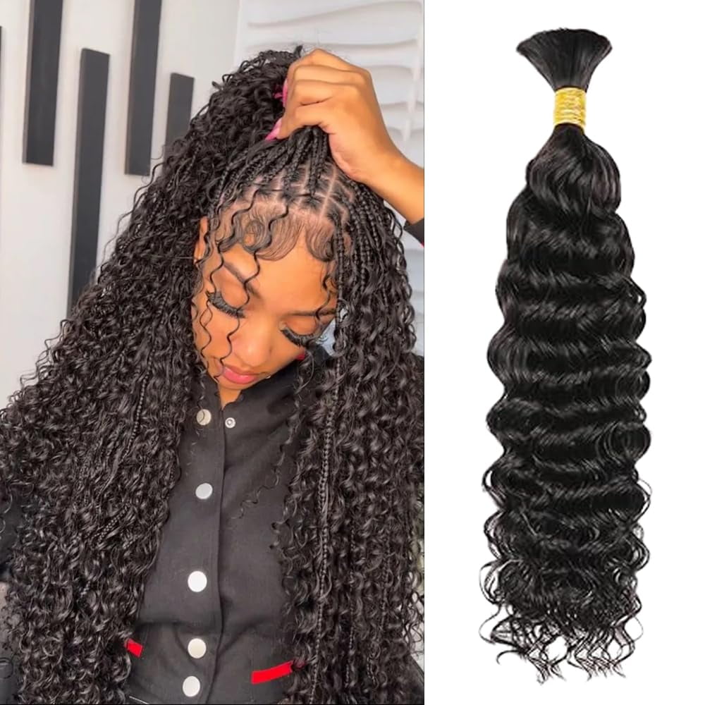 Human Braiding Hair 50g 26 Inch Deep Wave Bulk Human Hair for Braiding ...