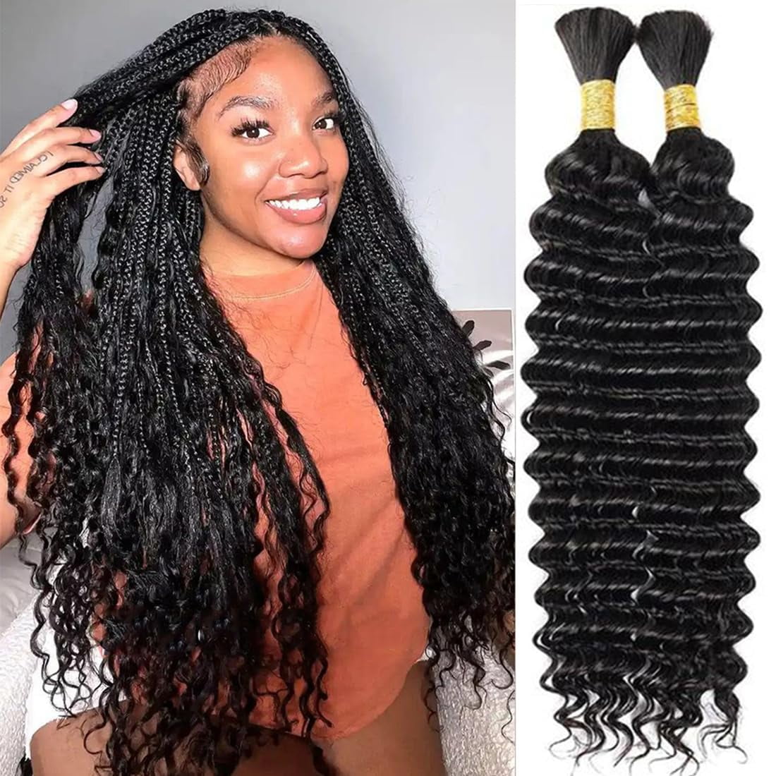 Human Braiding Hair For Boho Braids 100g Deep Wave Bulk Human Hair for ...