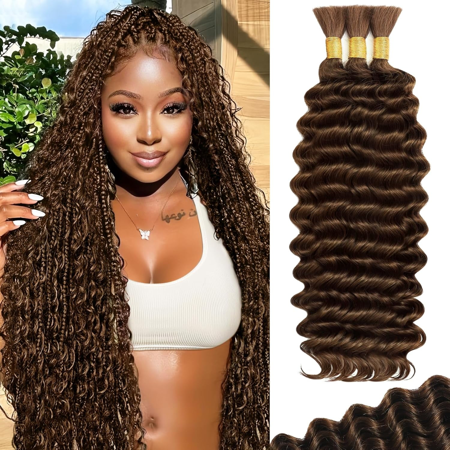 Human Braiding Hair for Boho Braids 110g 20 Inch Color 4 Deep Wave Boho Bulk Human Hair for ...